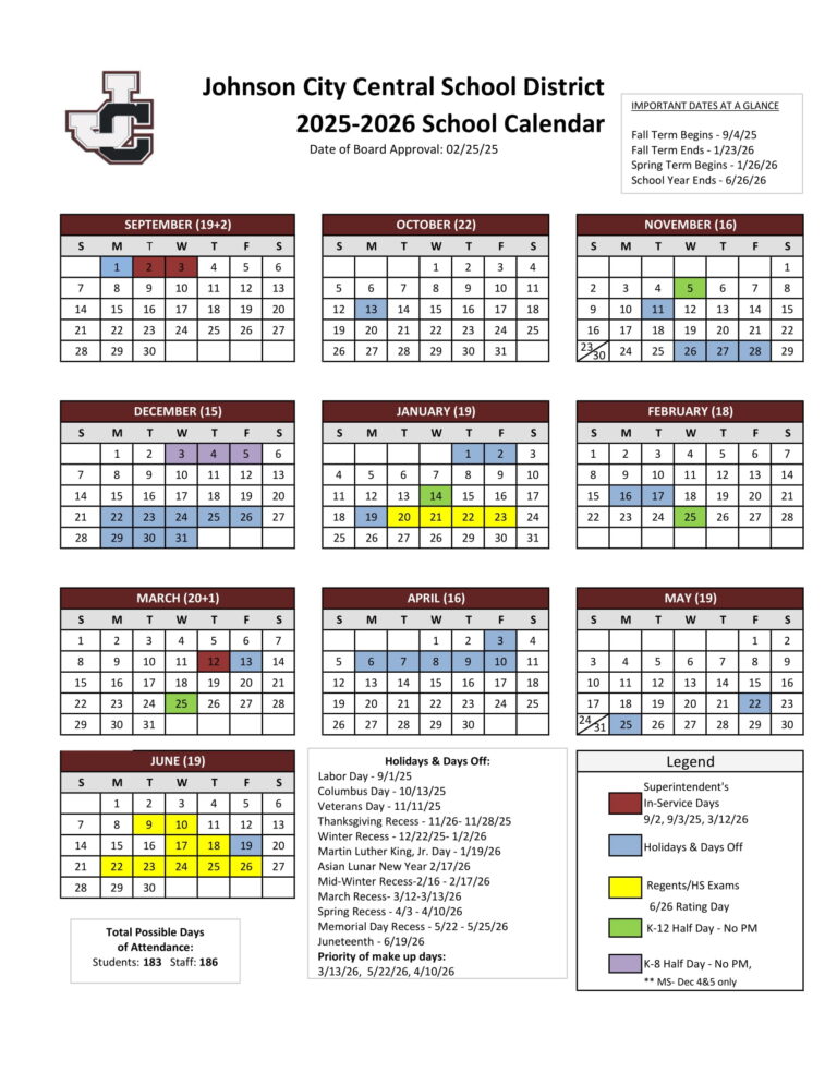 Johnson City Central School District Calendar 25-26 revised pdf - EduCounty