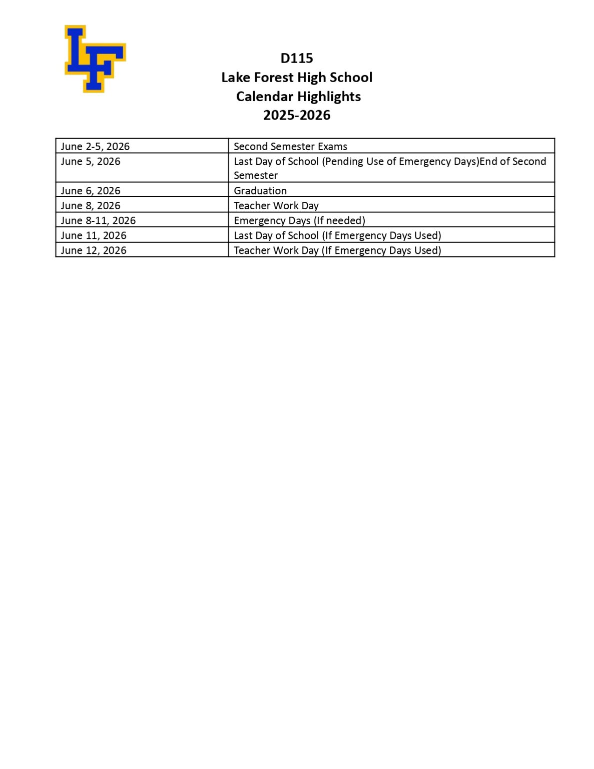 Lake Forest High IFHS District 115 Calendar 25-26 revised - EduCounty