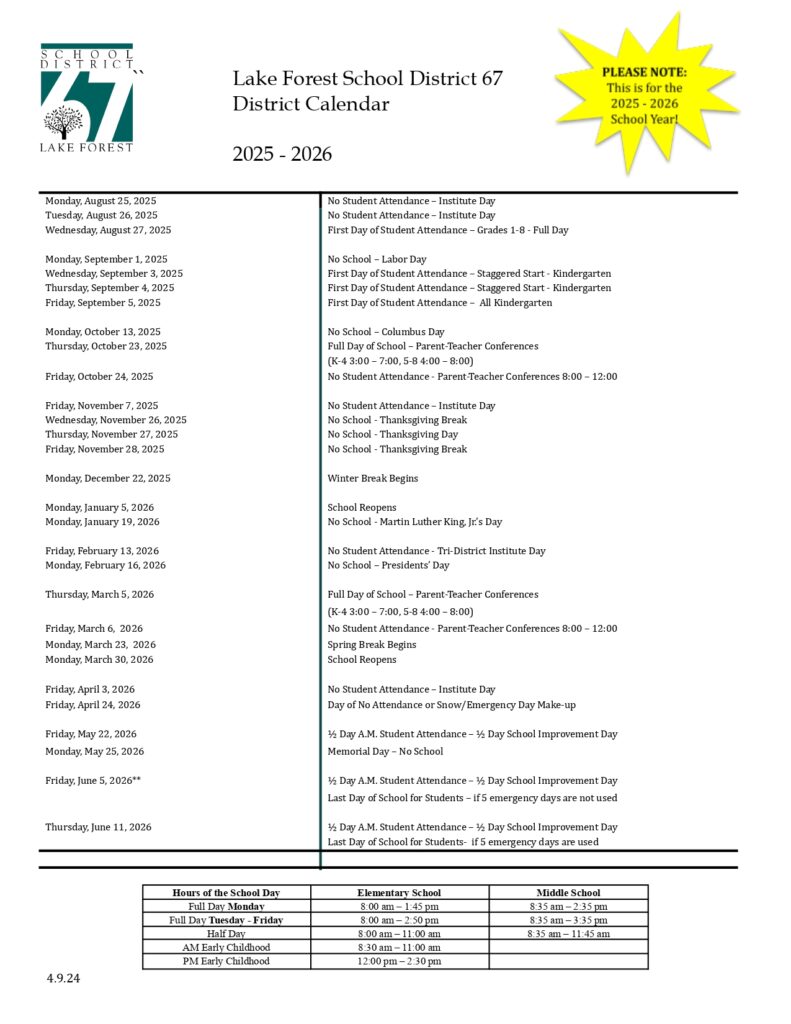 Lake Forest School District 67 Calendar 25-26 revised - EduCounty