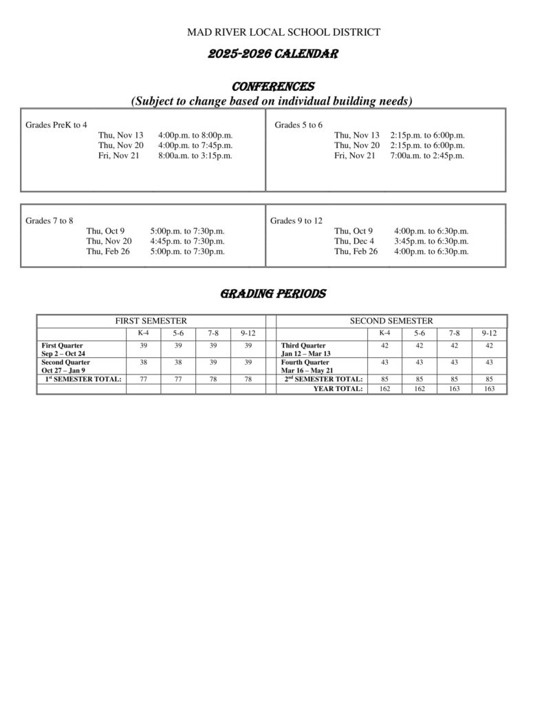 Mad River local school district Calendar 25-26 Revised [pdf] - EduCounty