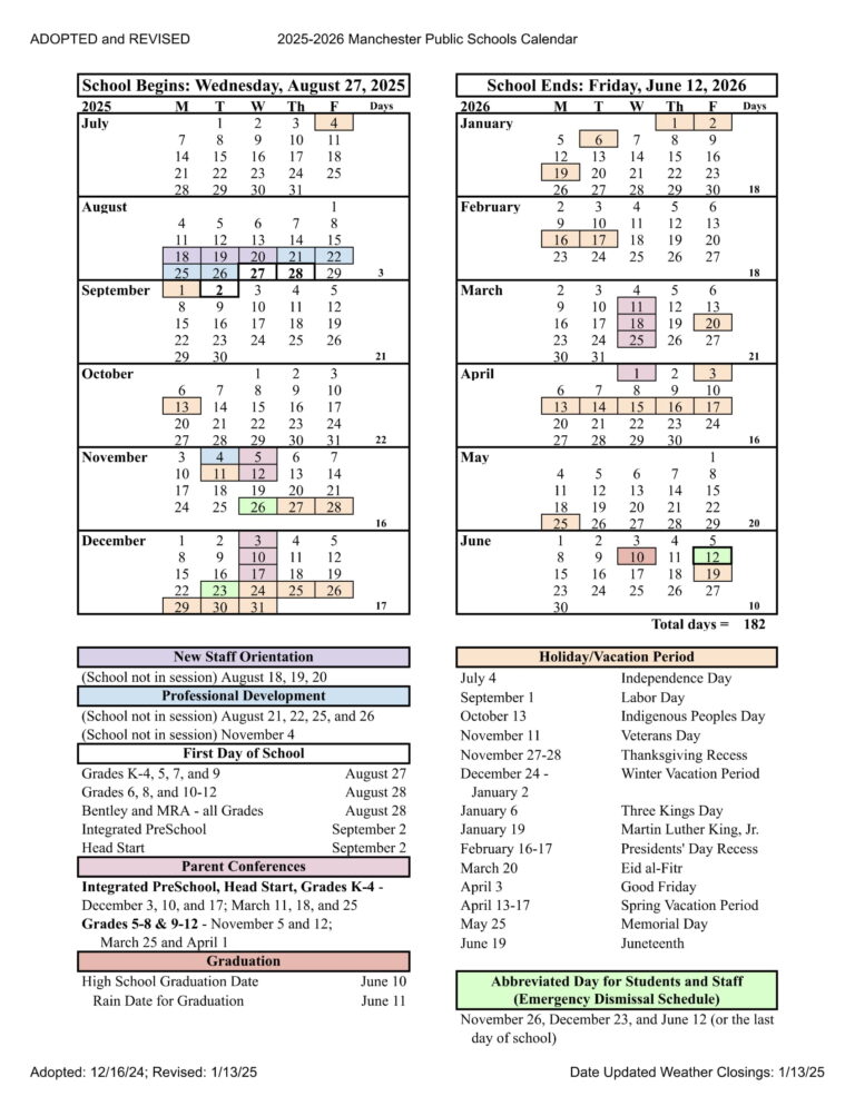 Manchester Public Schools oh Calendar Revised 25-26 [PDF] - EduCounty
