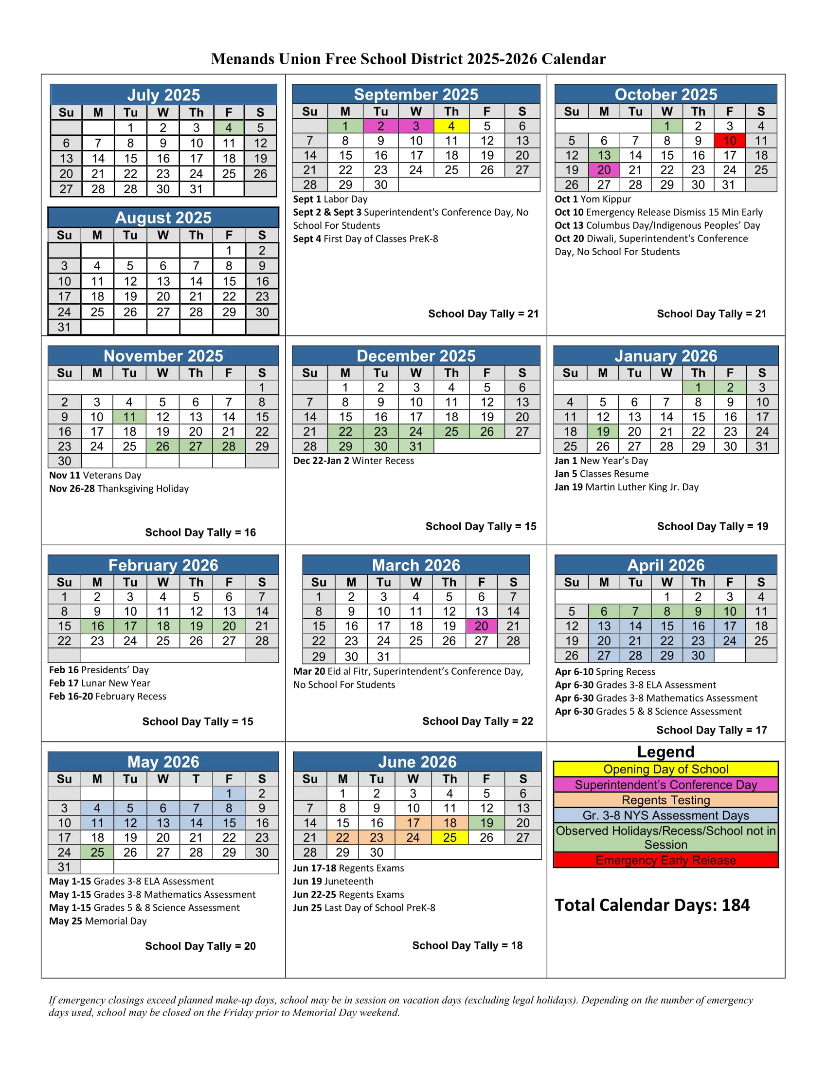 Menands UFSD Calendar 25-26 revised [PDF] - EduCounty