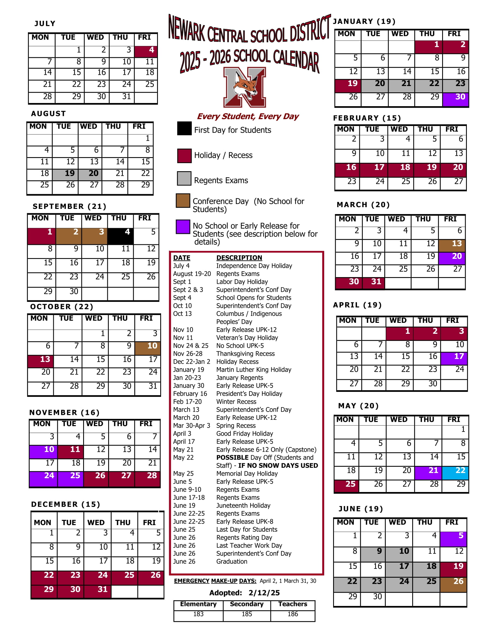 Newark CSD Calendar revised 25-26 [PDF] - EduCounty