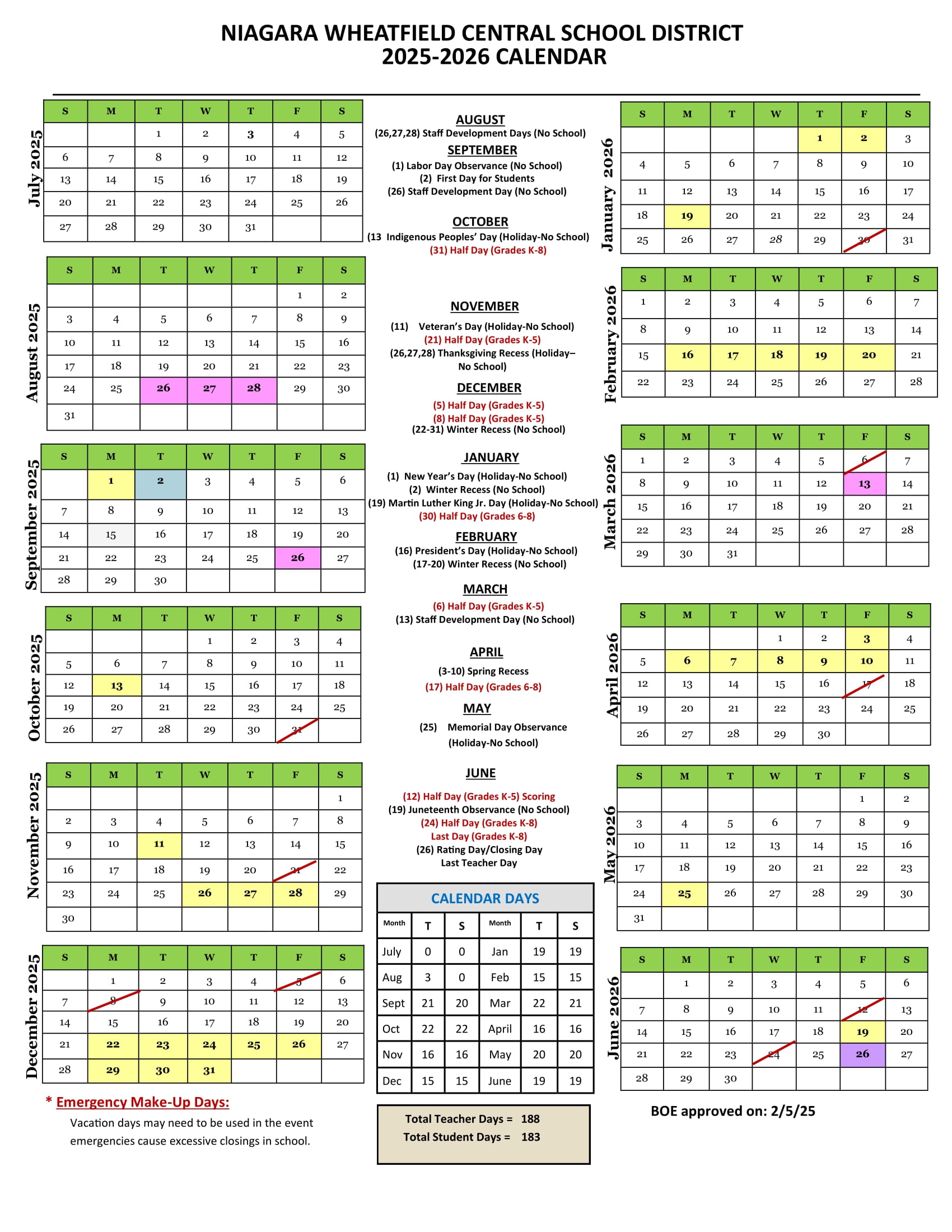 Niagara wheatfield CSD 25-26 Calendar revised - EduCounty