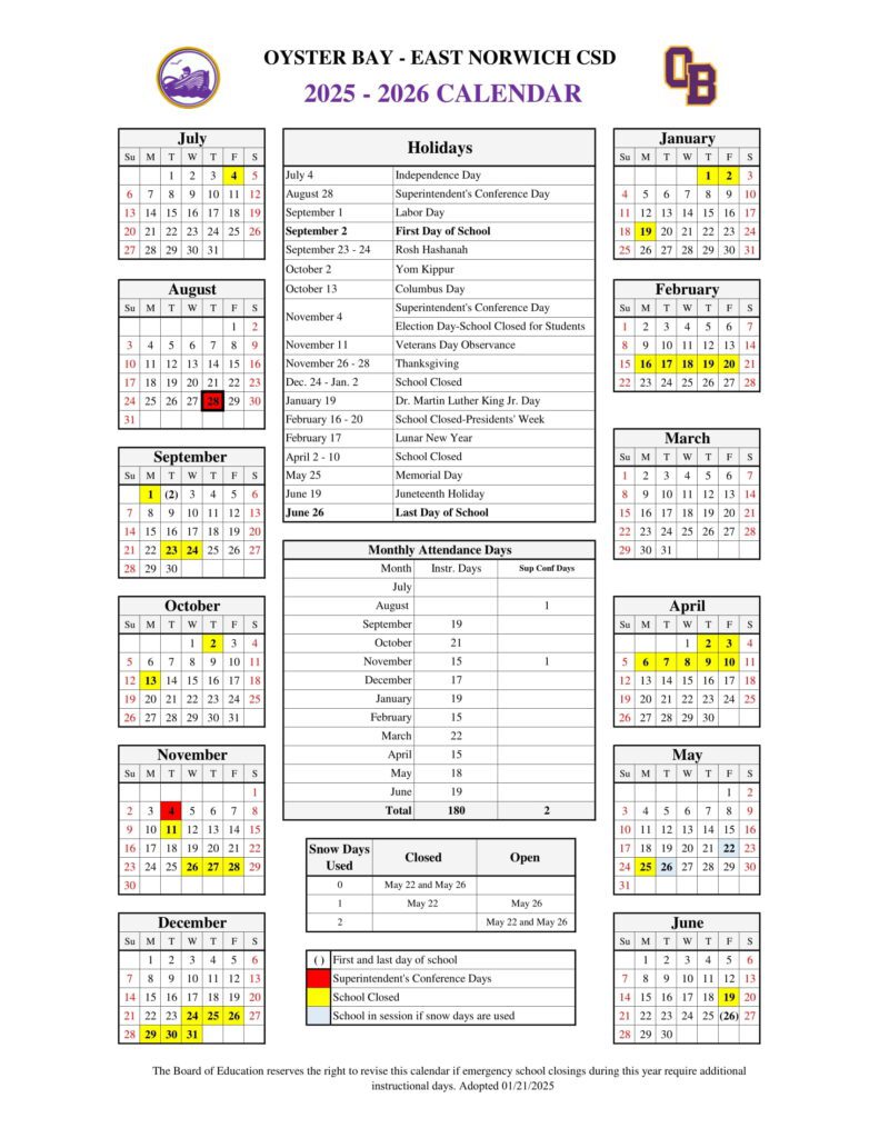 OYSTER BAY - EAST NORWICH CSD Calendar - EduCounty