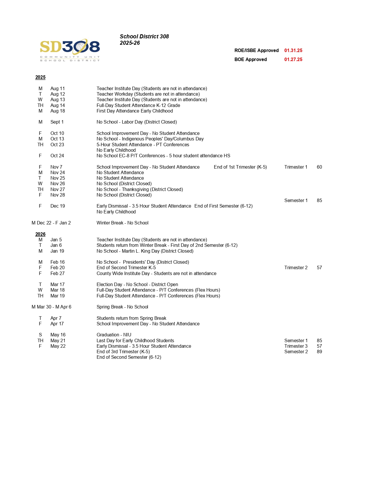 Oswego District SD308 Calendar 25-26 revised - EduCounty