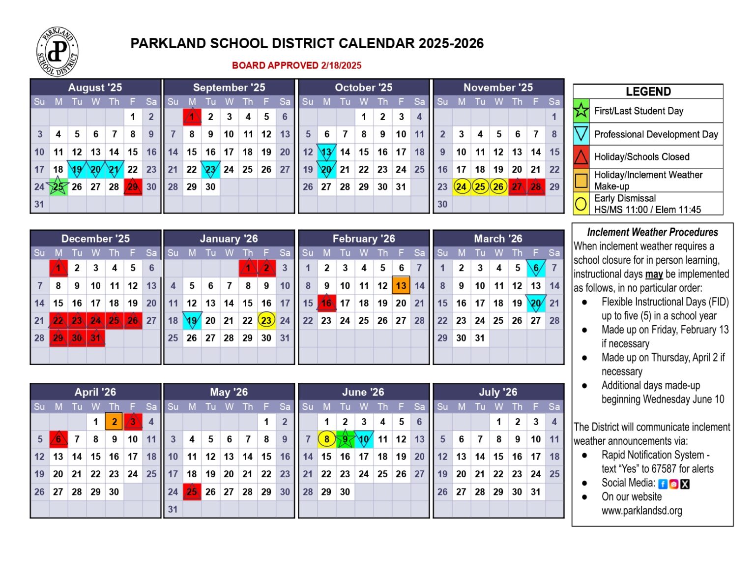 Parkland School District Calendar 25-26 [PDF] revised - EduCounty