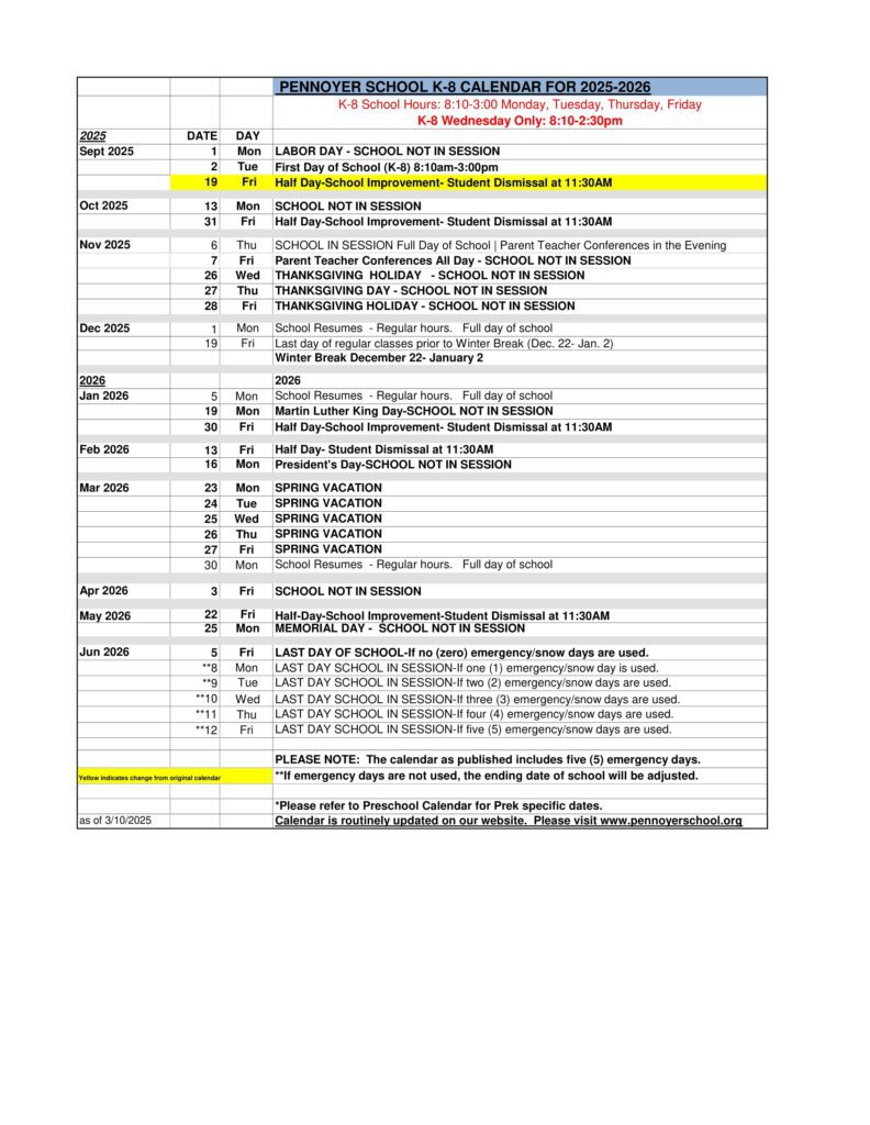 Pennoyer school district 79 K8 Calendar Revised - EduCounty