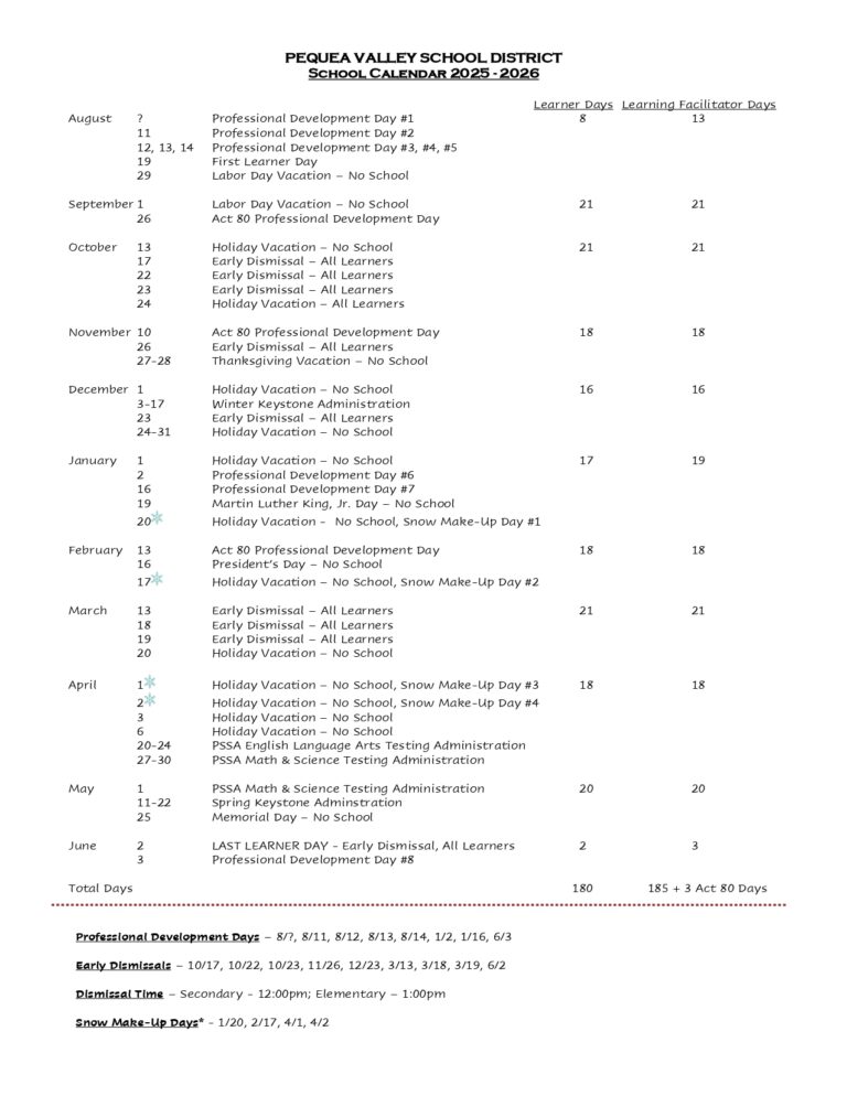Pequea Valley School District Calendar 25-26 [PDF] revised - EduCounty