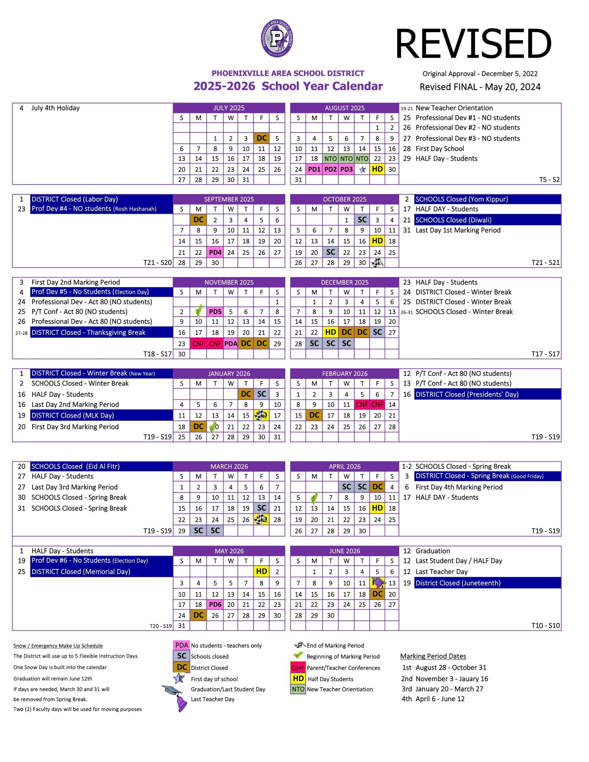 Phoenixville Area School District Calendar 25-26 [pdf] Revised - EduCounty