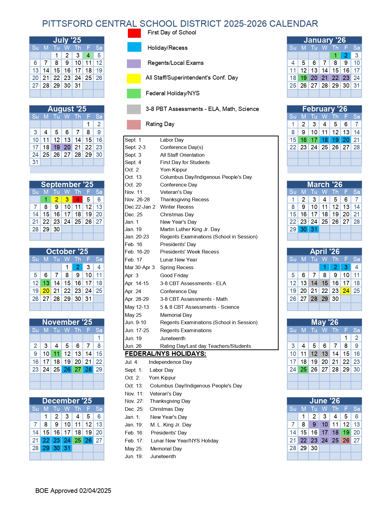 Pittsford Central School District Calendar 25-26 [pdf] REVISED - EduCounty