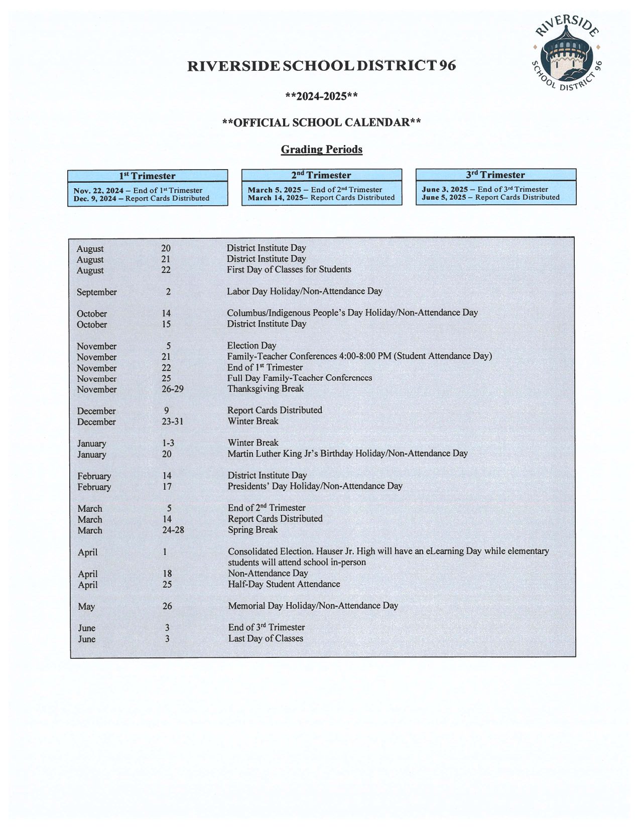 Riverside School District 96 Calendar Revised 25-26 [PDF] - EduCounty