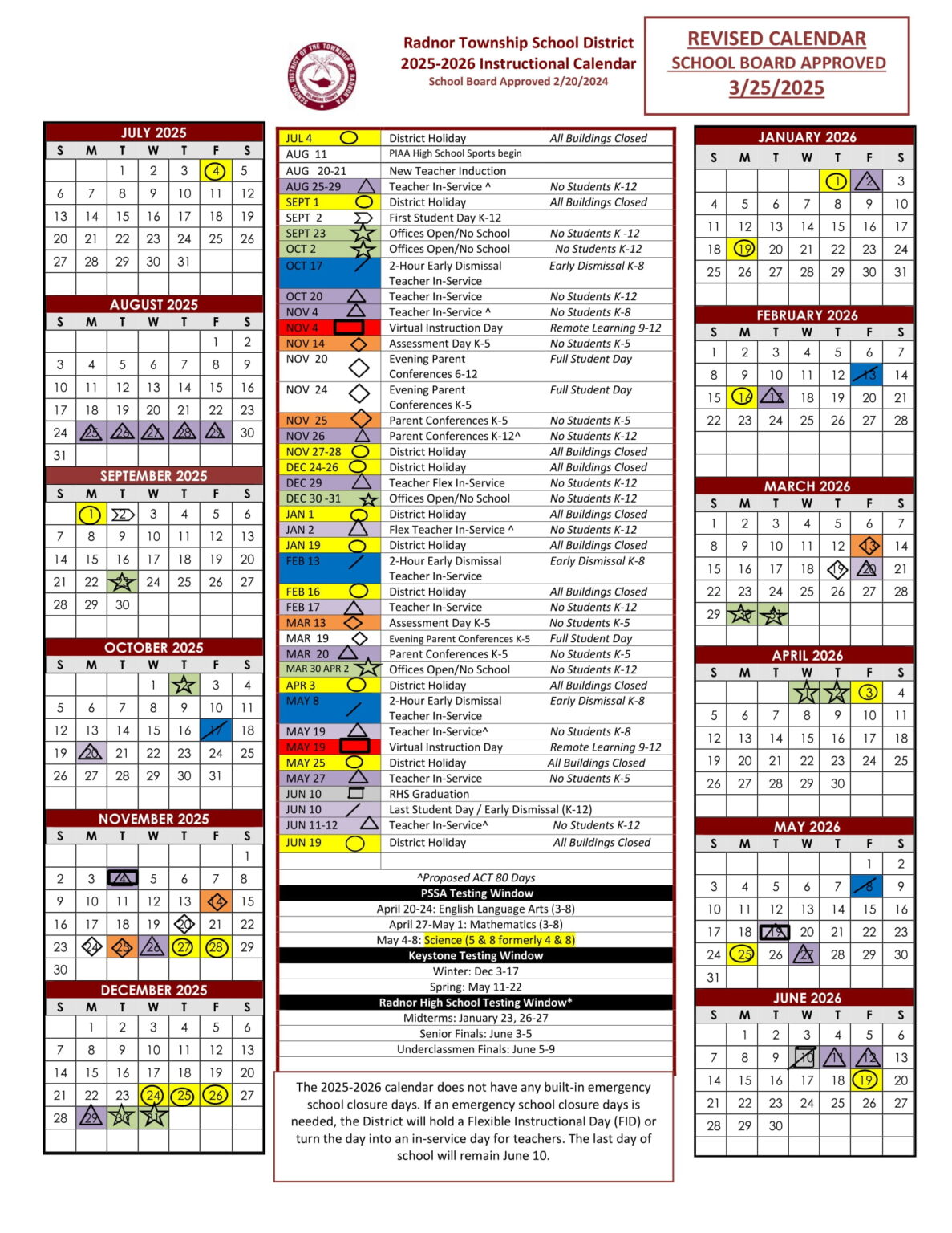 Radnor Township School District Calendar 25-26 [PDF] REVISED - EduCounty