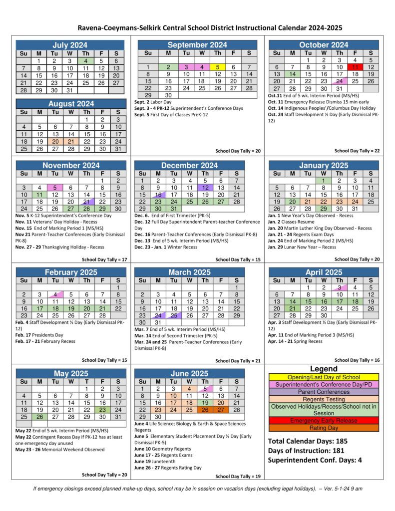 Ravena-Coeymans-Selkirk 25-26 CSD Calendar Revised - EduCounty