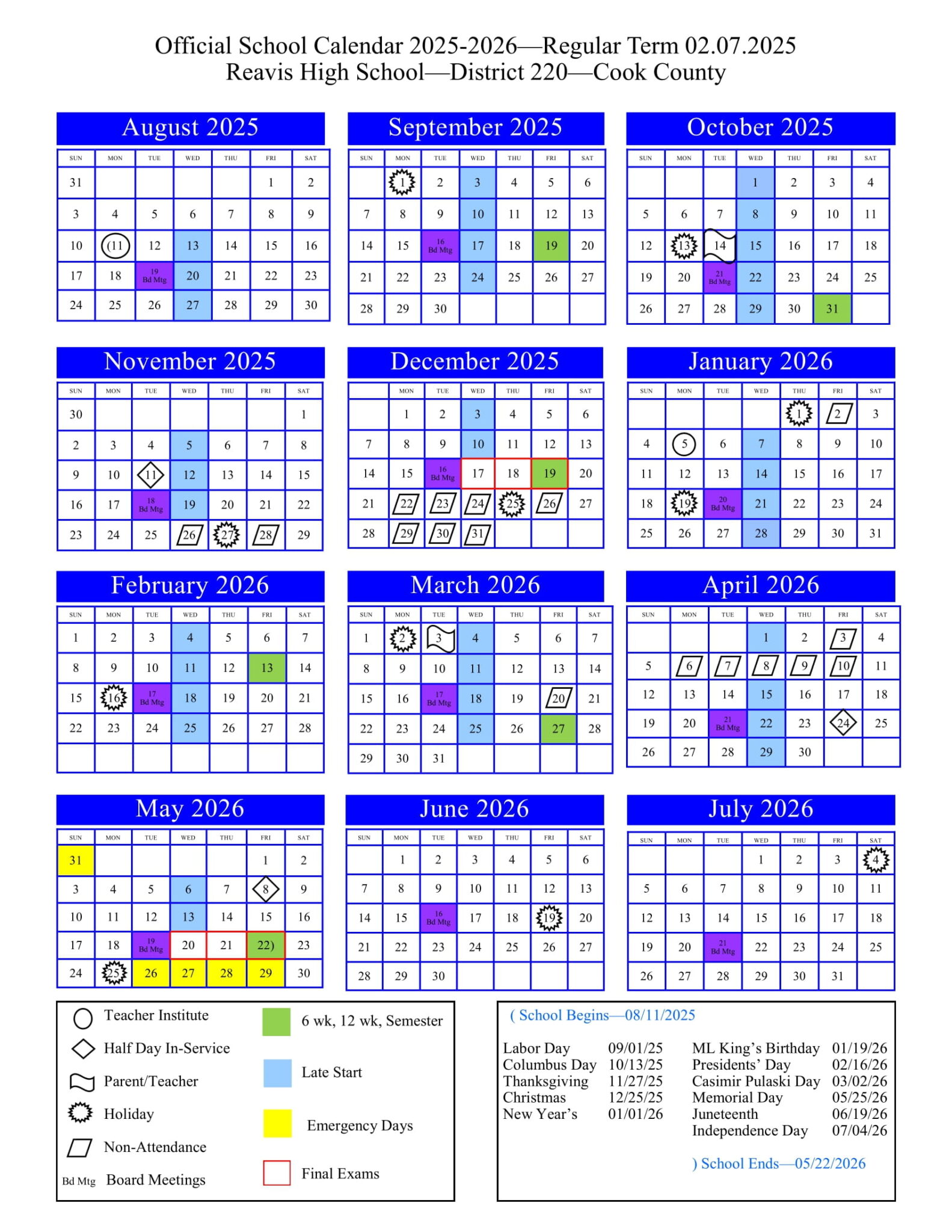 Reavis High School-District 220 [PDF] 25-26 Calendar - EduCounty