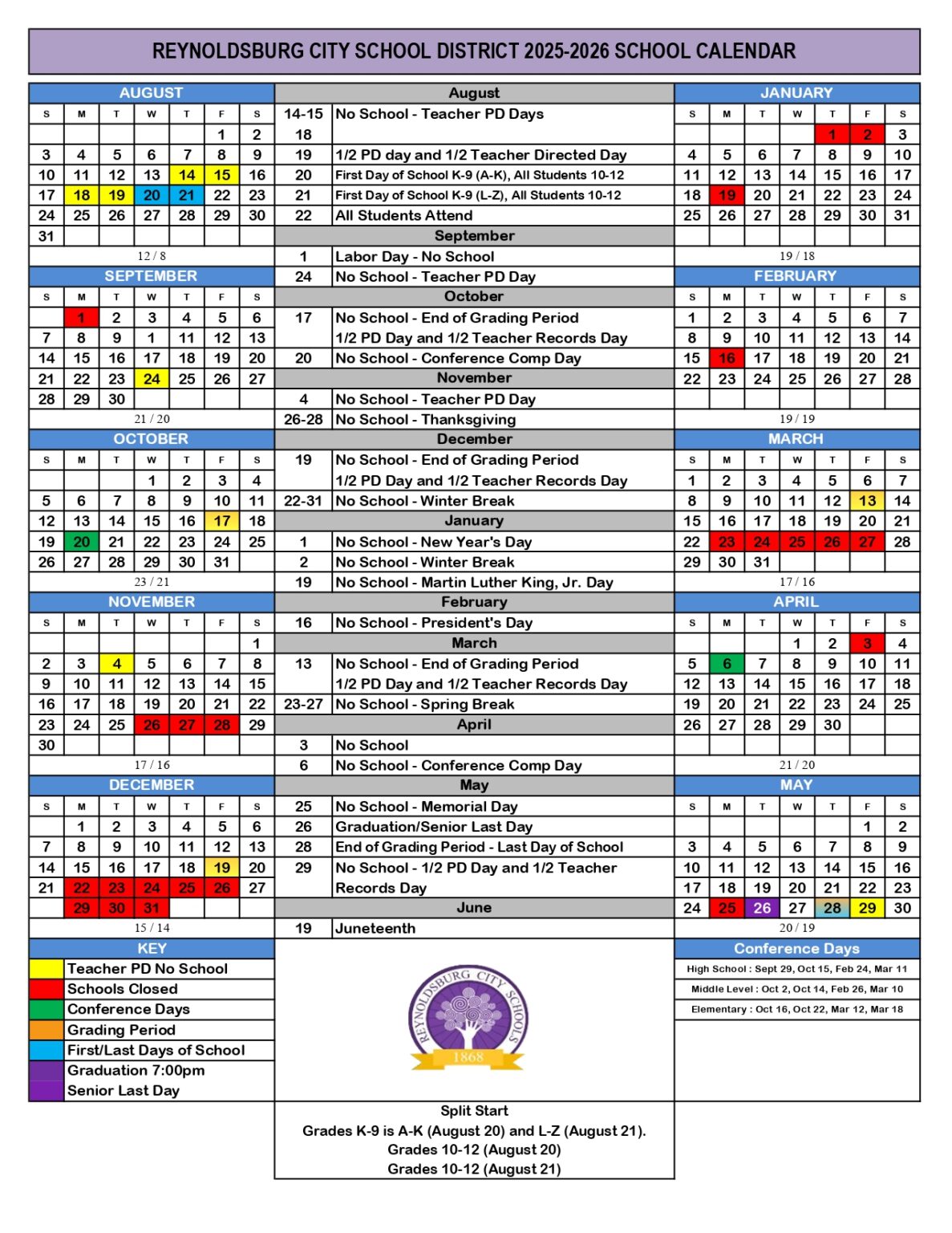 Reynoldsburg City School District Calendar 25-26 Revised [PDF] - EduCounty