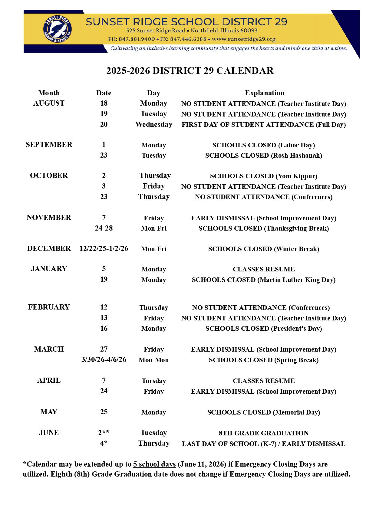 SUNSET RIDGE SCHOOL DISTRICT 29 Calendar Revised 25-26 - EduCounty
