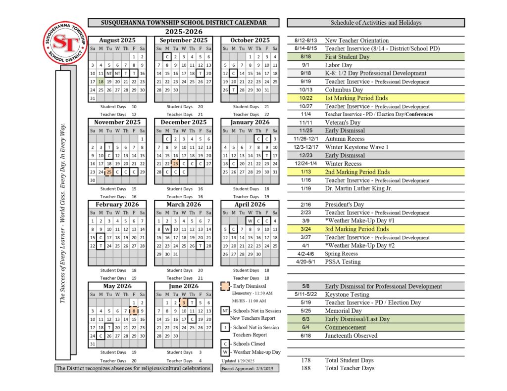 Susquehanna Township School District Calendar 25-26 [PDF] REVISED ...