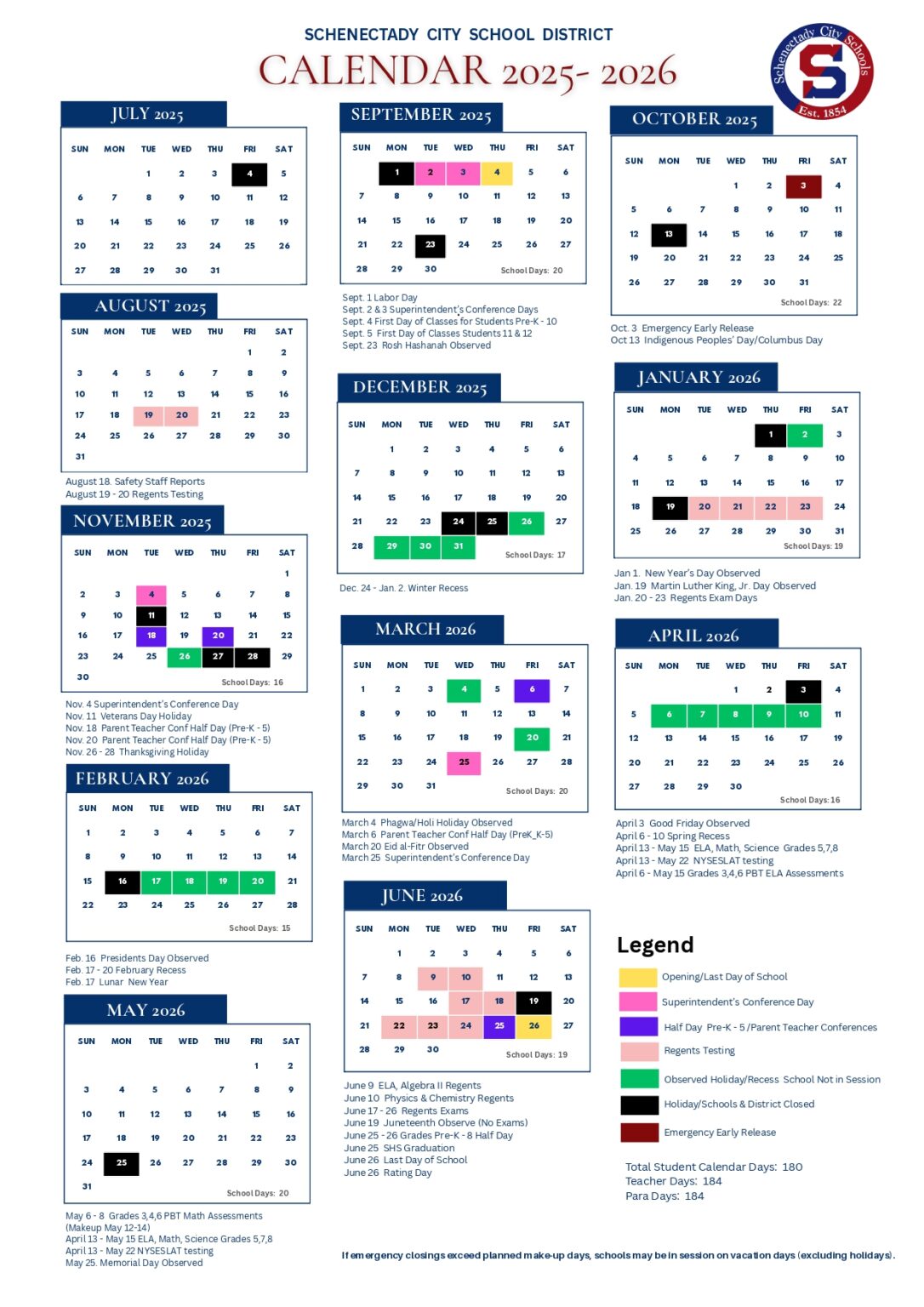 Schenectady City School District Calendar 25-26 revised - EduCounty
