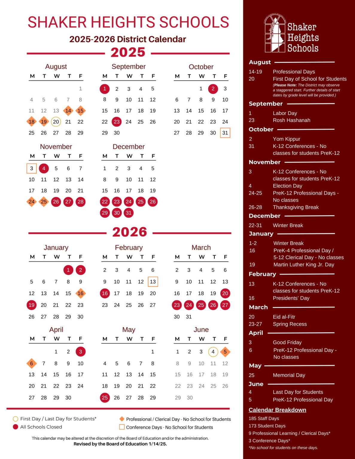 Shaker Heights Schools Calendar Revised 25-25 [PDF] - EduCounty