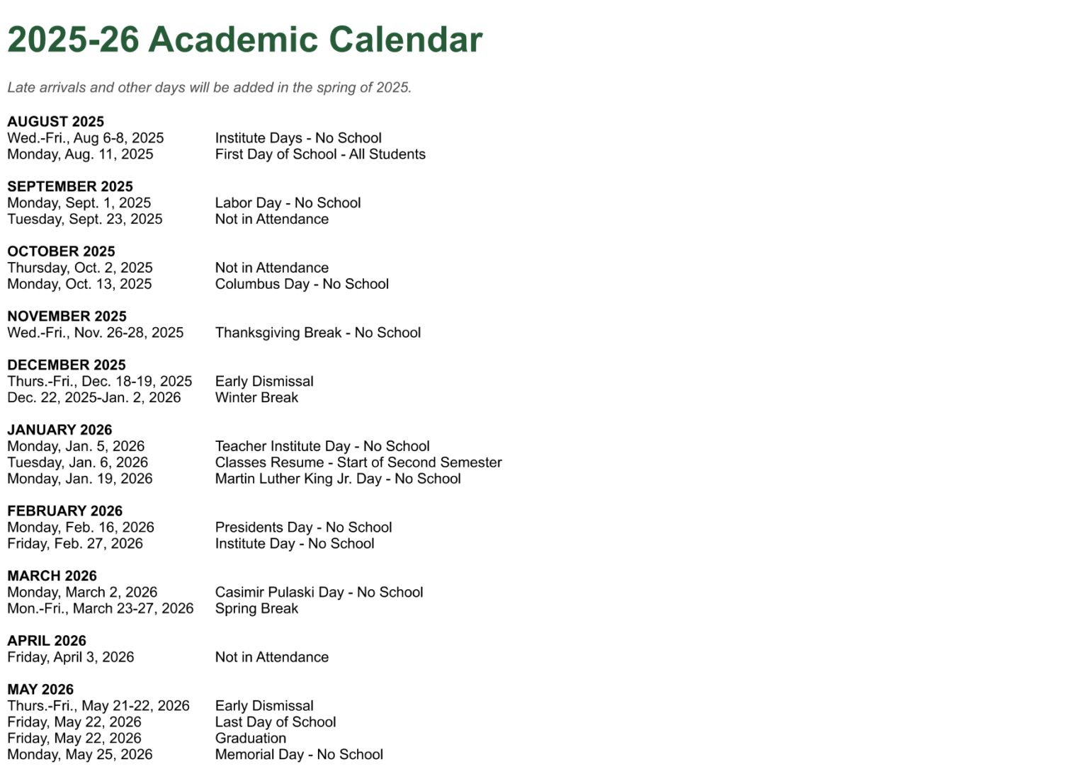 Stevenson School District 125 Calendar 25-26 revised - EduCounty