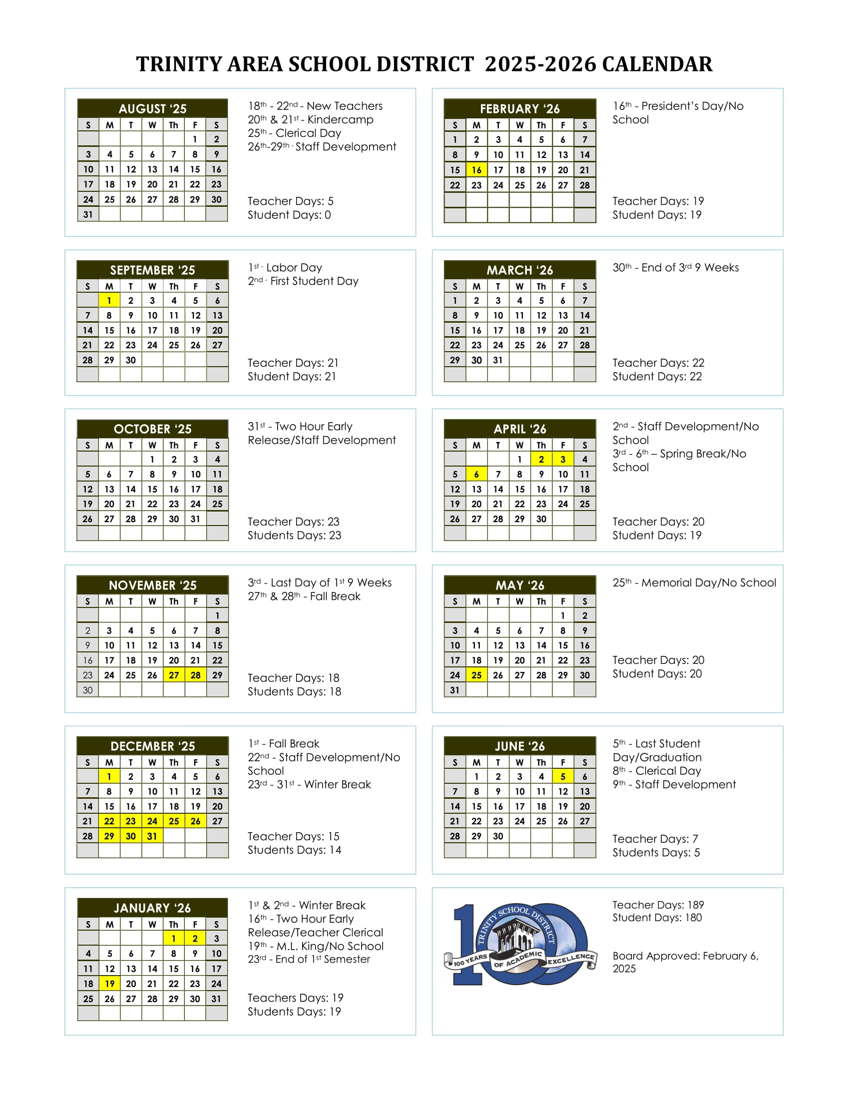 Trinity Area School District Calendar 25-26 [PDF] Revised - EduCounty
