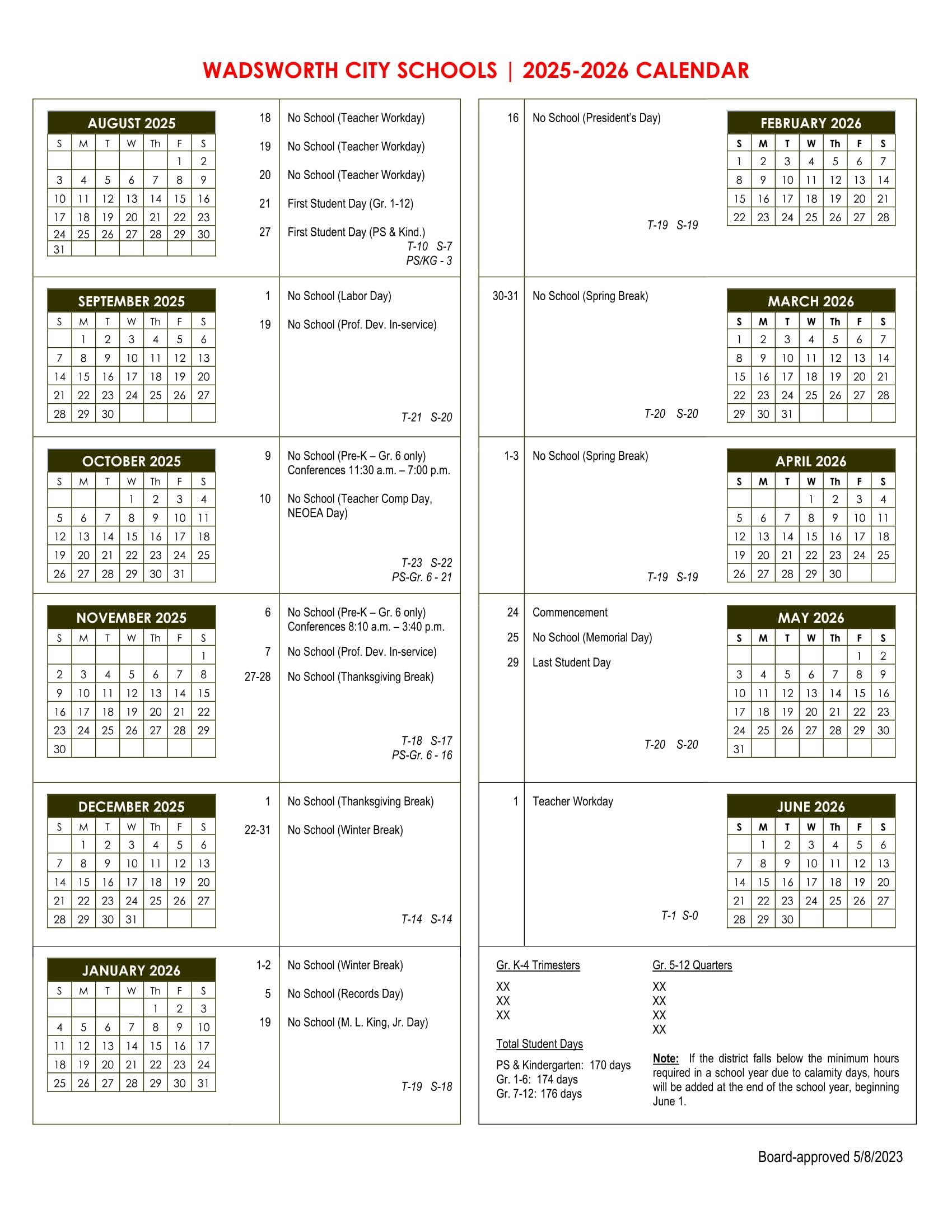 Wadsworth city Schools Calendar 25-26 Revised [PDF] - EduCounty