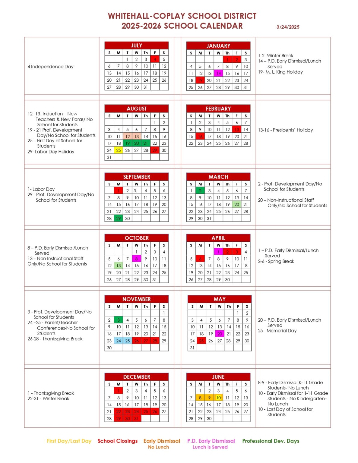 Whitehall-Coplay School district Calendar 25-26 revised - EduCounty
