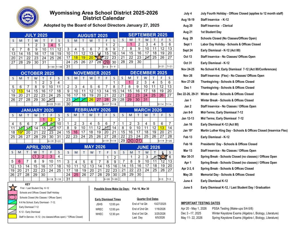 Wyomissing Area School District Calendar 25-26 [PDF] revised - EduCounty