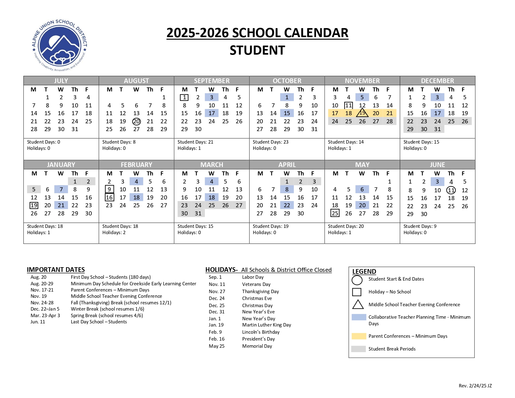Alpine Union School District calendar 25-26 Revised [PDF] - EduCounty