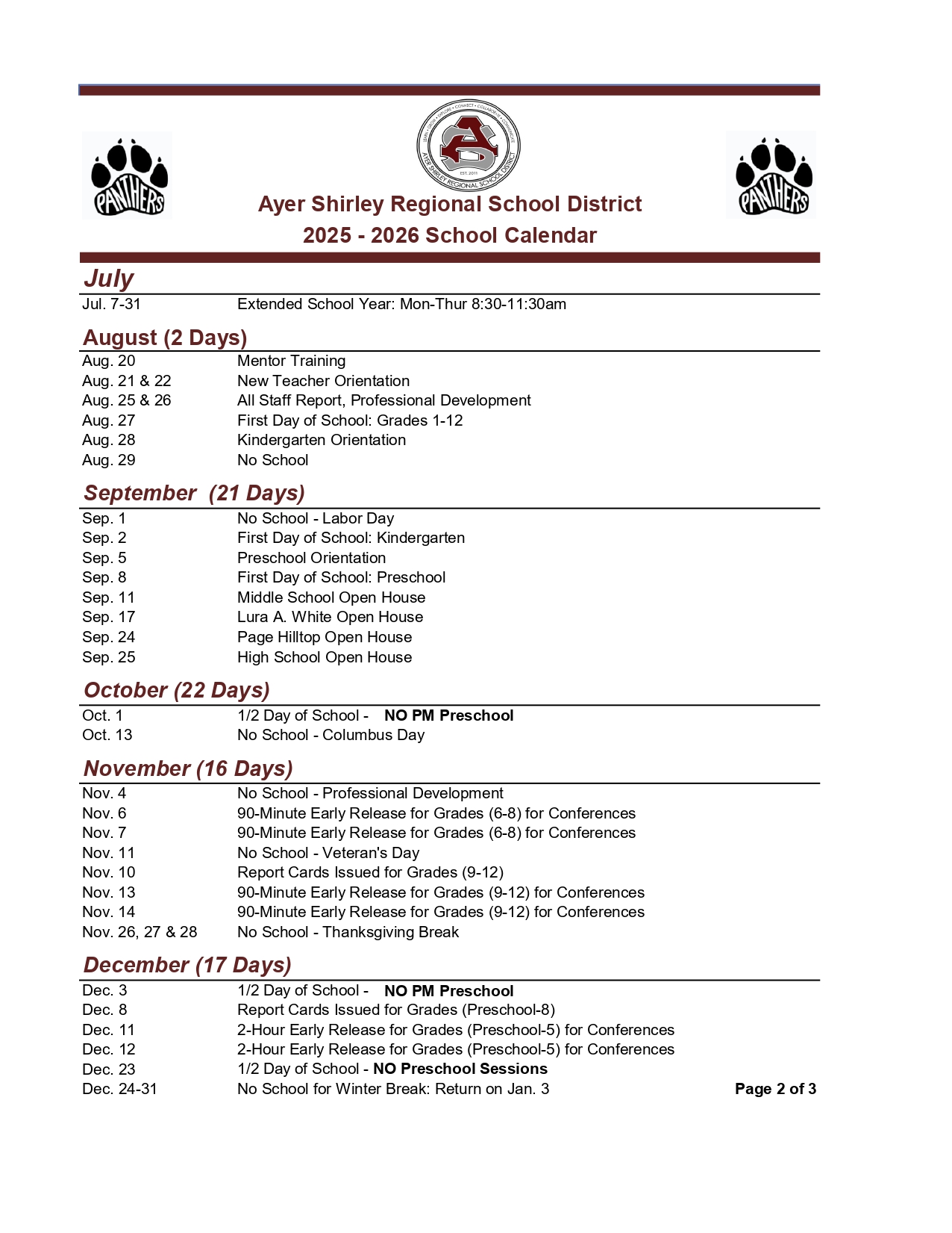 Ayer Shirley Regional School District Calendar 25-26 Revised [PDF ...
