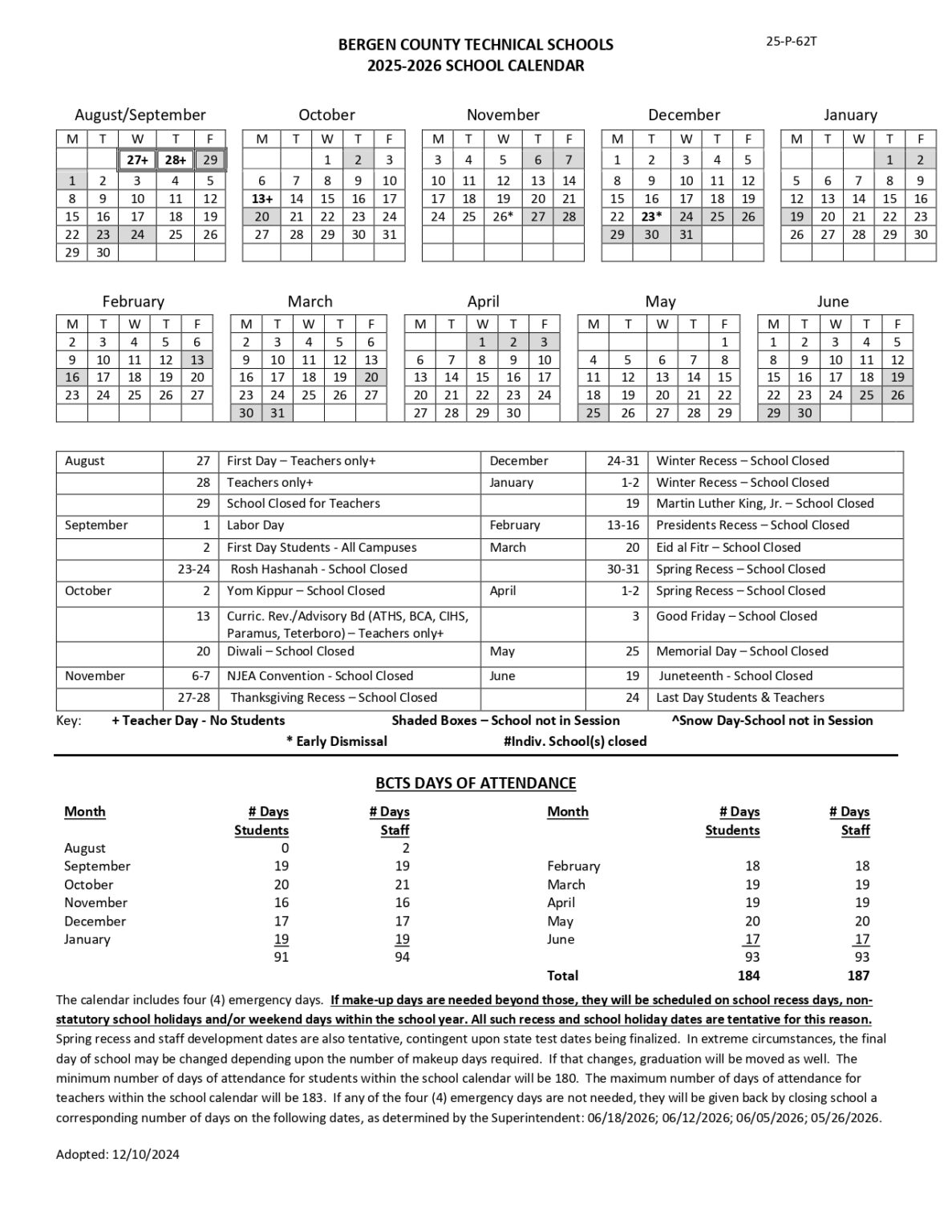 Bergen County Technical Schools Calendar 25-26 Revised [PDF] - EduCounty