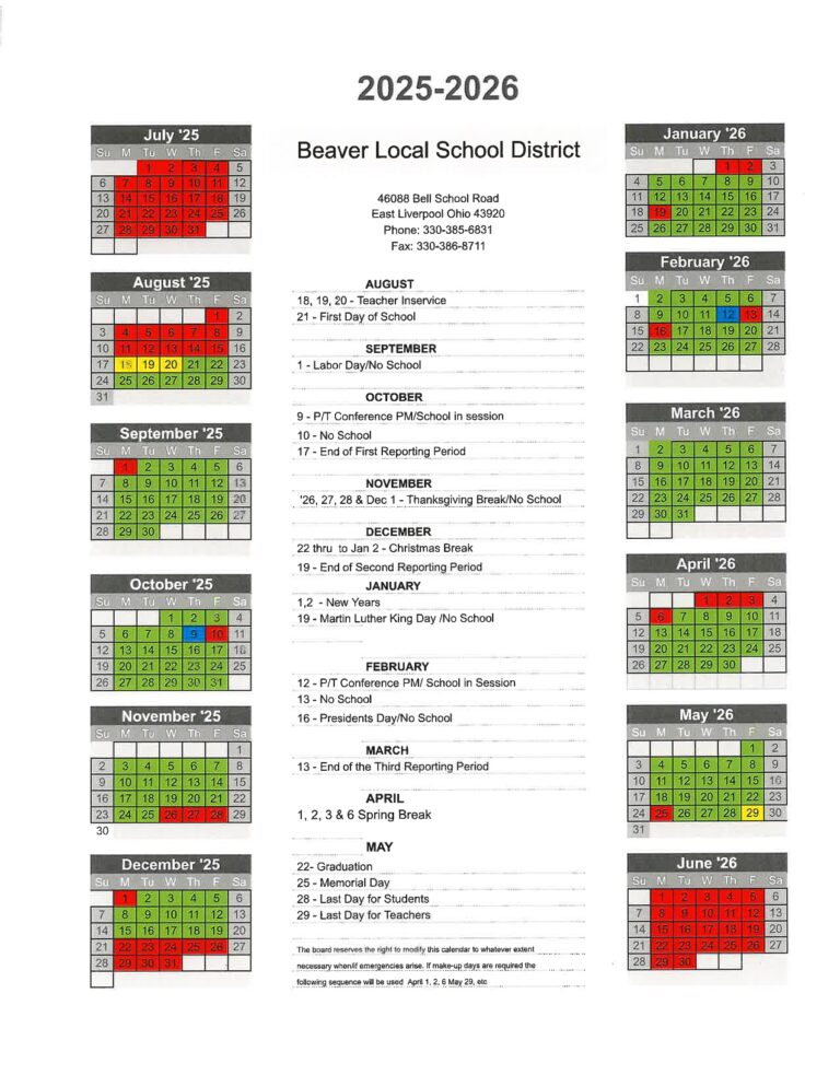 Beaver Local School District Calendar 25-26 Revised [PDF] - EduCounty