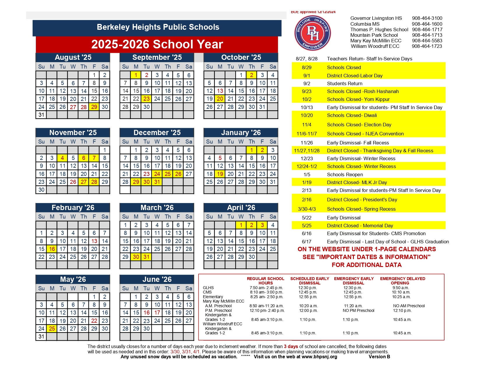 Berkeley Heights Public Schools Calendar 25-26 Revised [PDF] - EduCounty