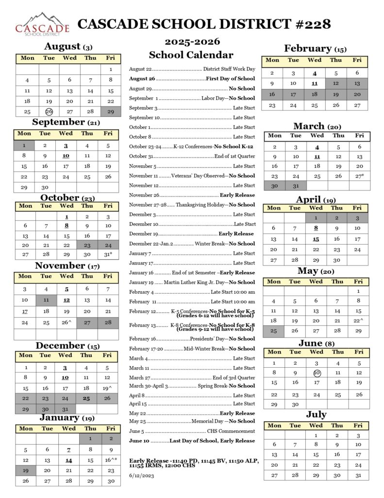 Cascade School District Calendar 25-26 Revised [PDF] - EduCounty