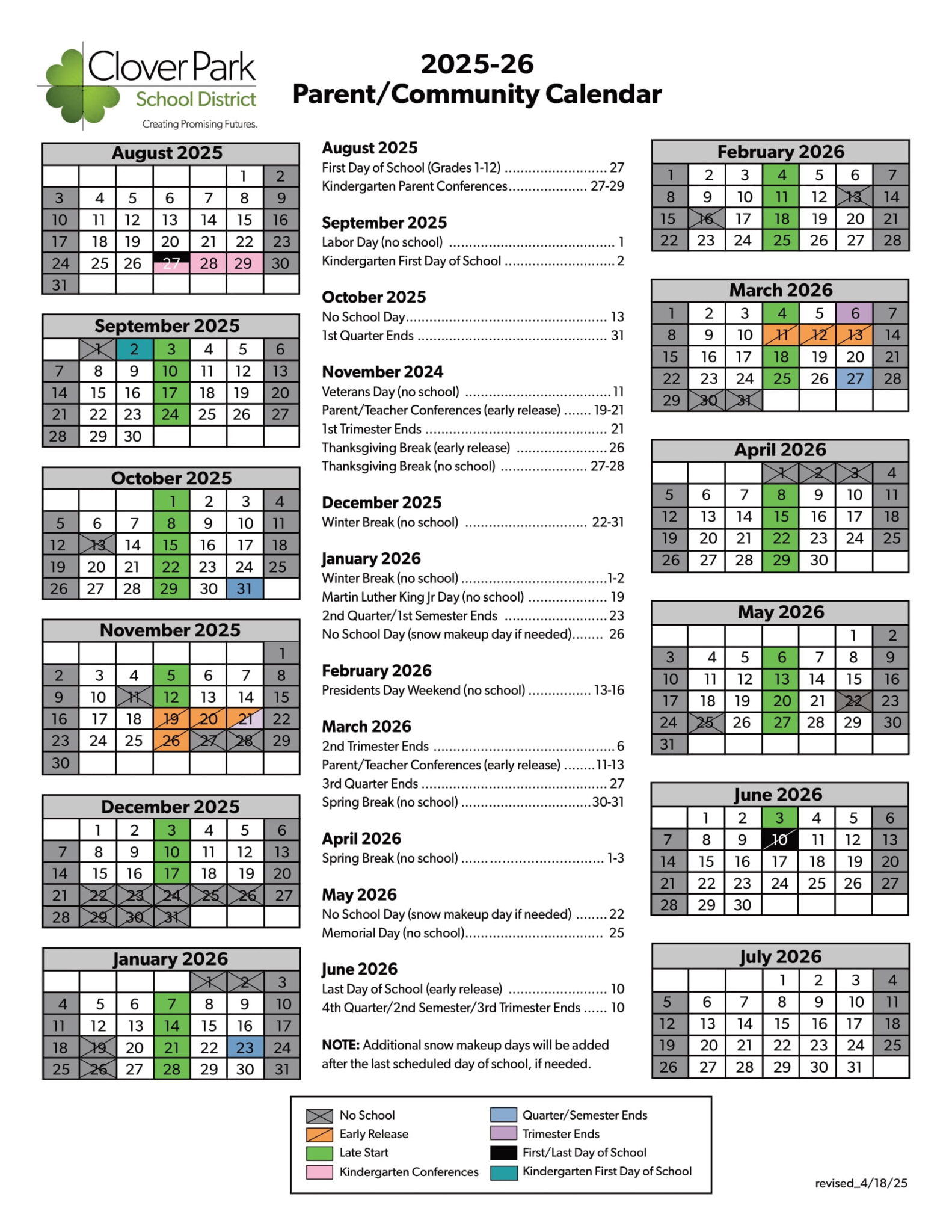 Clover Park School district WA Calendar 25-26 Revised [PDF] - EduCounty