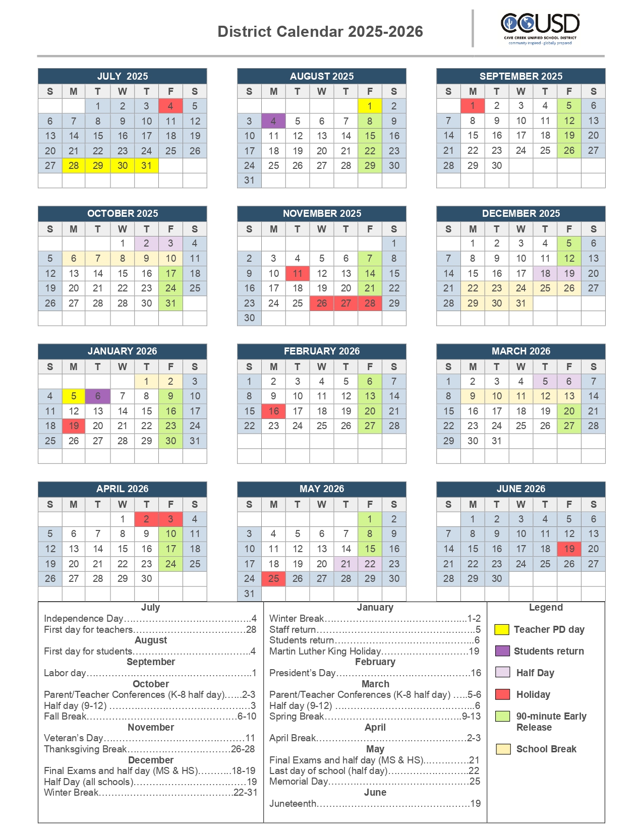 Cave Creek Unified School District Calendar 25-26 Revised [PDF] - EduCounty