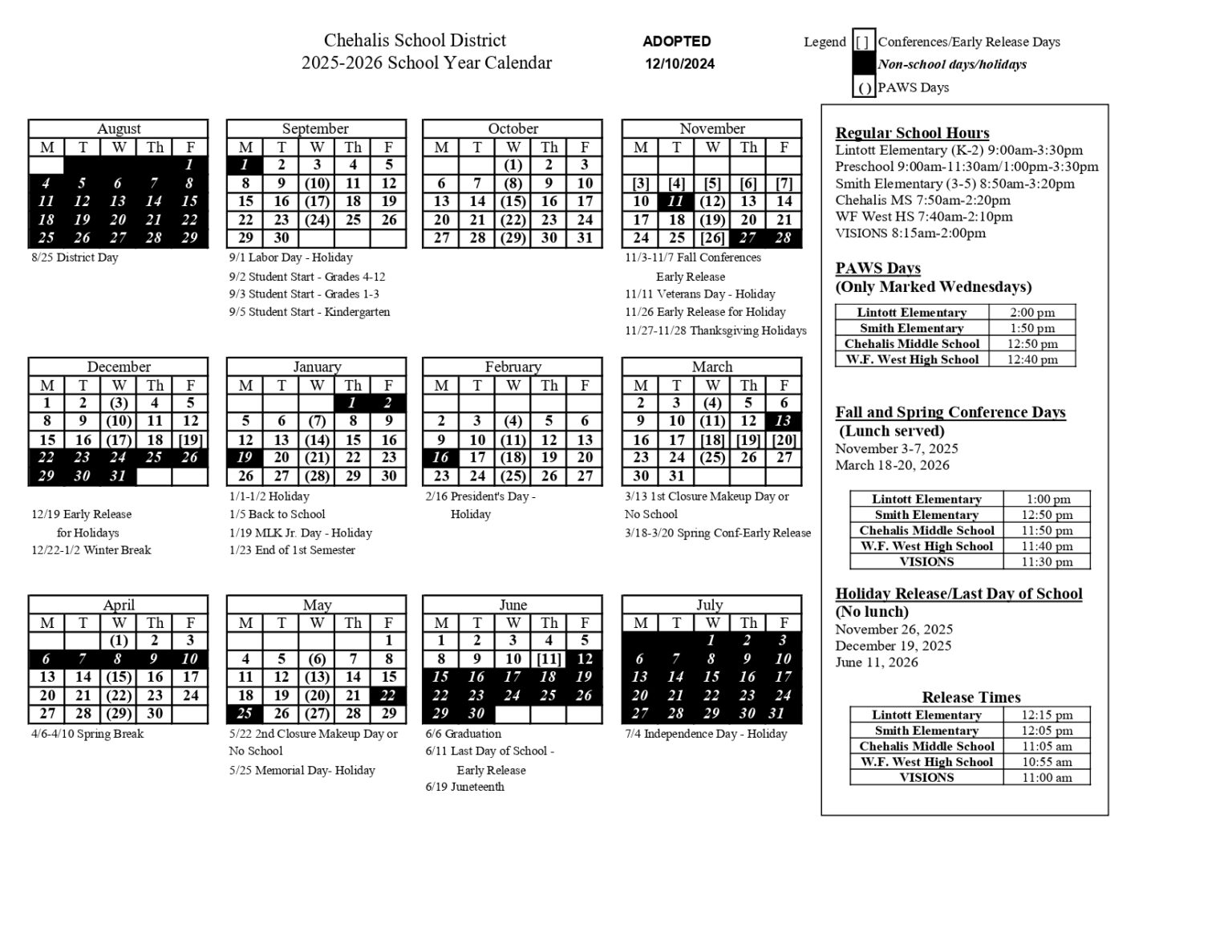 Chehalis School District Calendar 25-26 Revised [PDF] - EduCounty