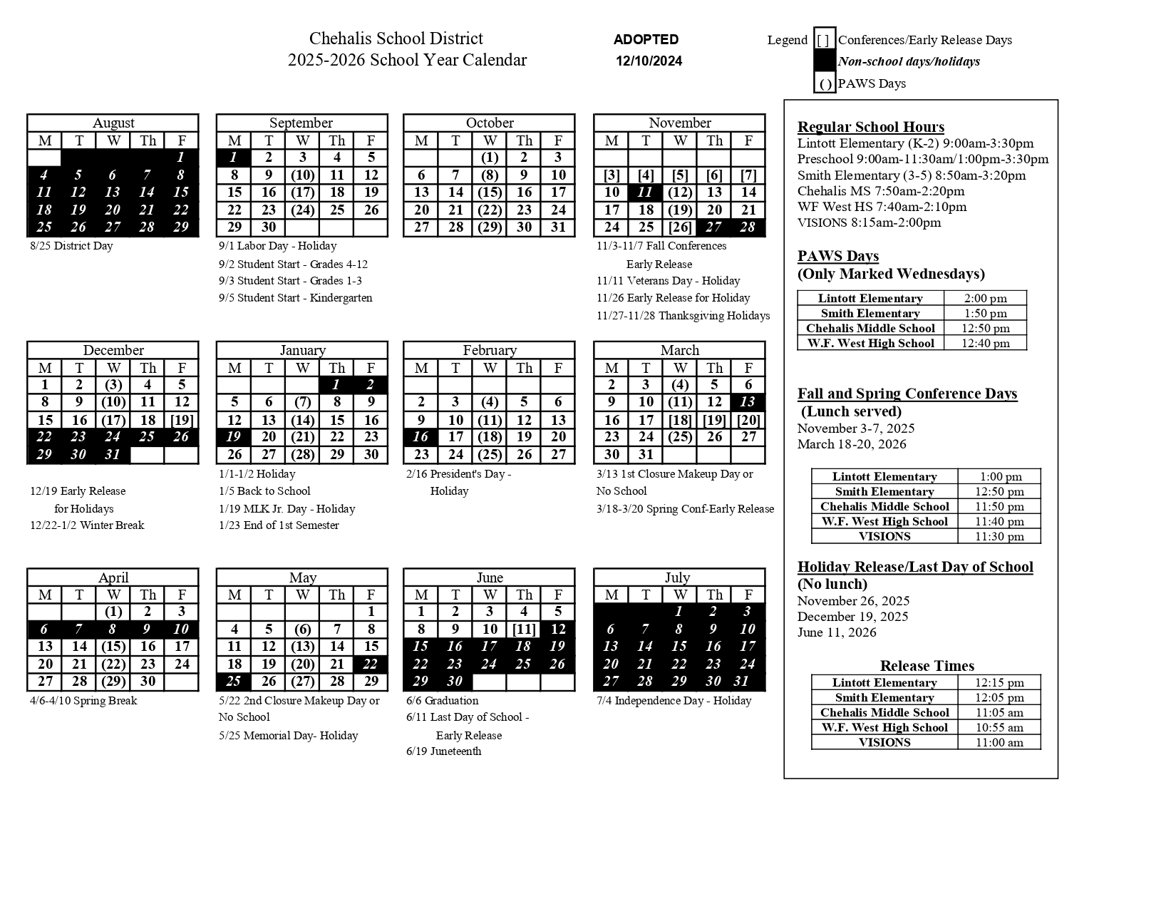 Chehalis School District Calendar 25-26 Revised [PDF] - EduCounty