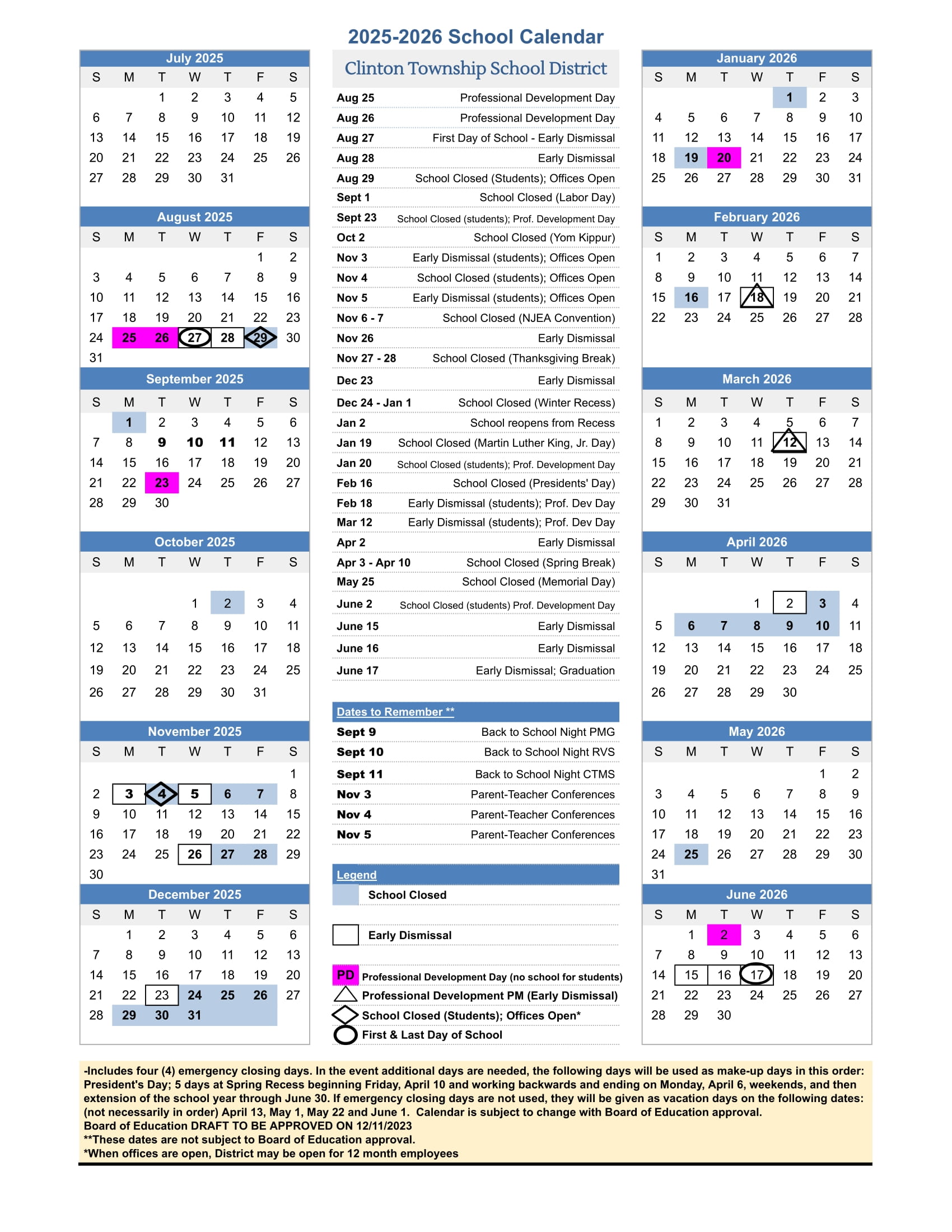 Clinton Township School District Calendar 25-26 Revised [pdf] - EduCounty