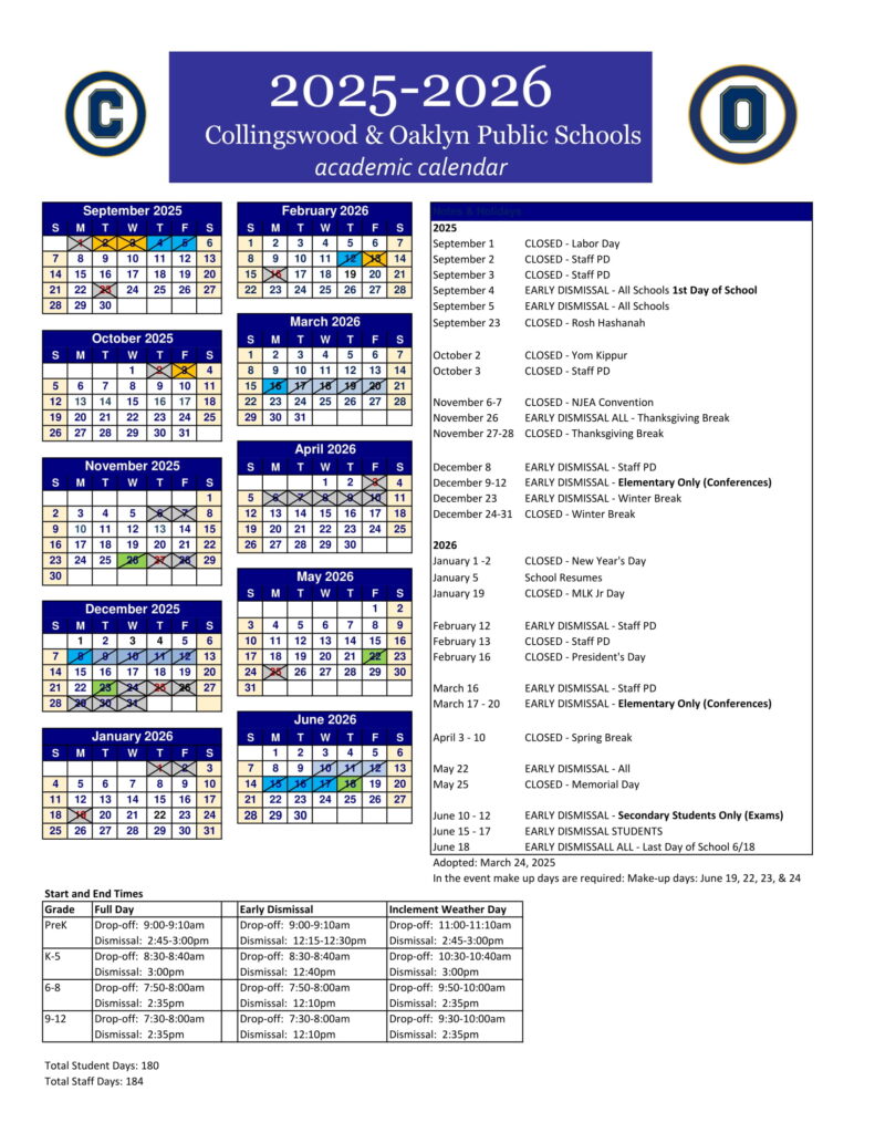 Collingswood & Oaklyn Public Schools Calendar 25-26 Revised [PDF ...