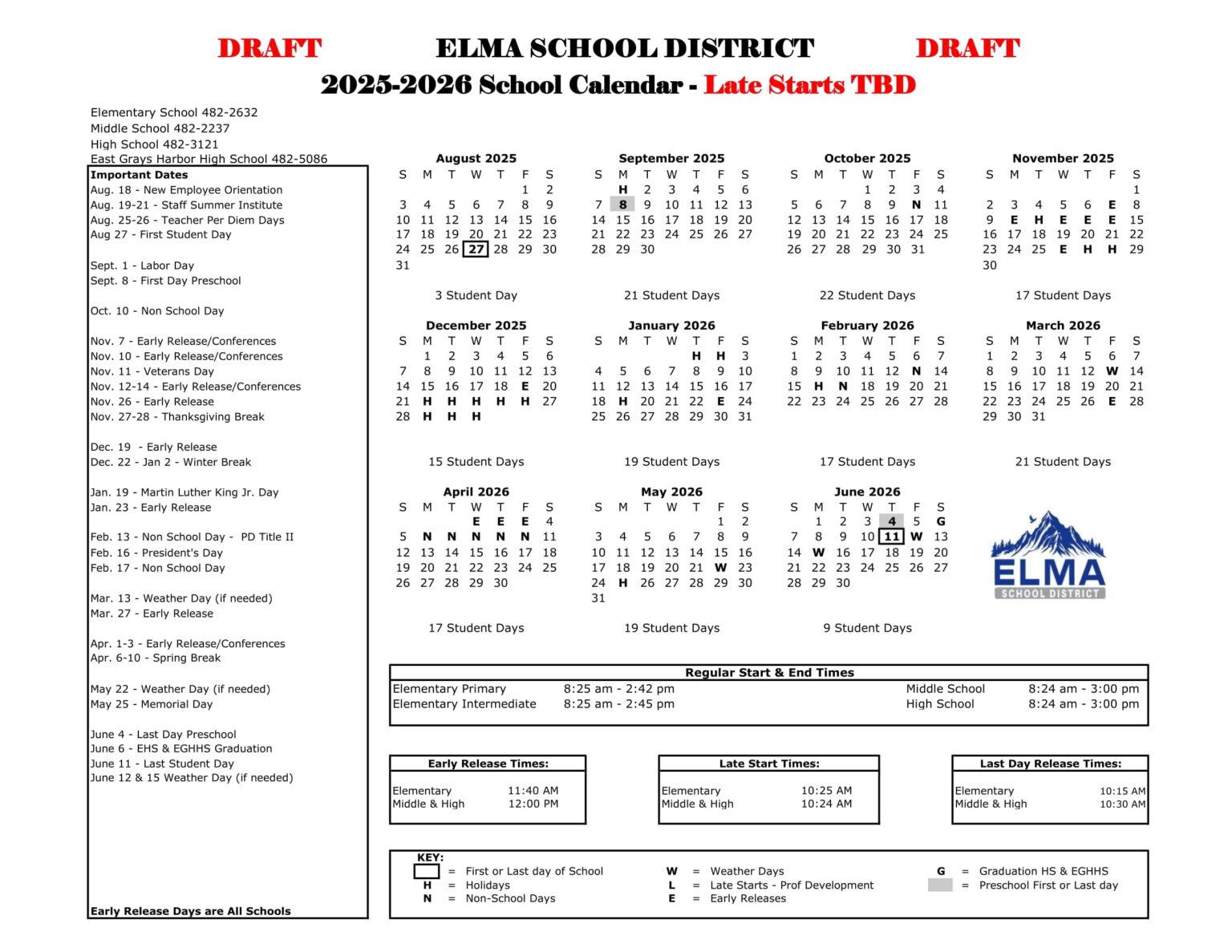 Elma School District WA Calendar 25-26 Revised [PDF] - EduCounty