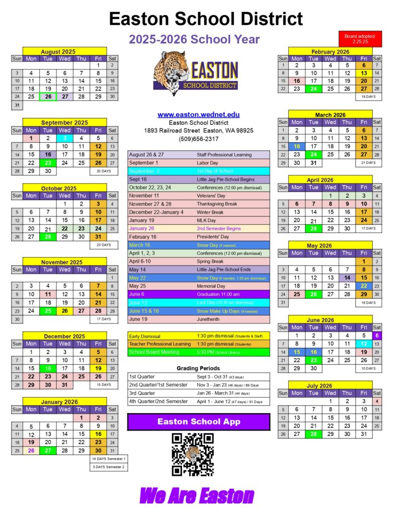 Easton School District WA Calendar 25-26 Revised [PDF] - EduCounty