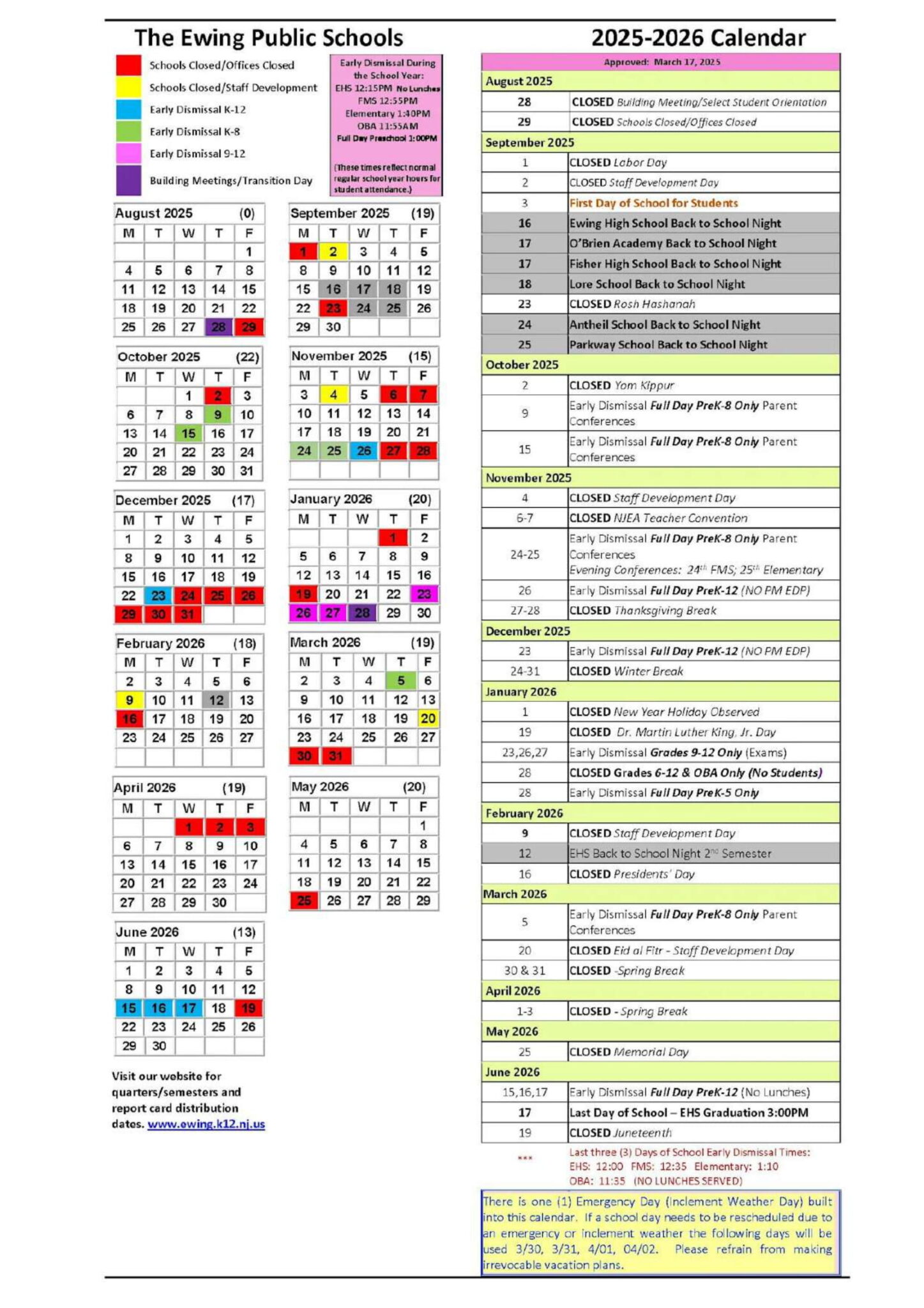 Ewing Public Schools Calendar 25-26 Revised [PDF] - EduCounty