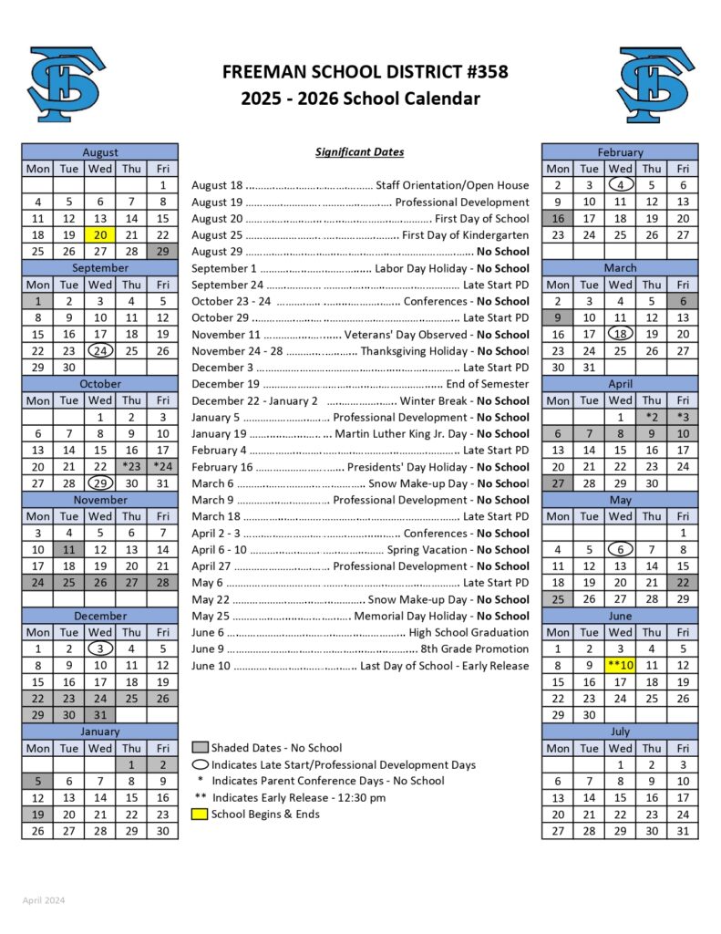 Freeman School District wa 25-26 Calendar Revised [PDF] - EduCounty