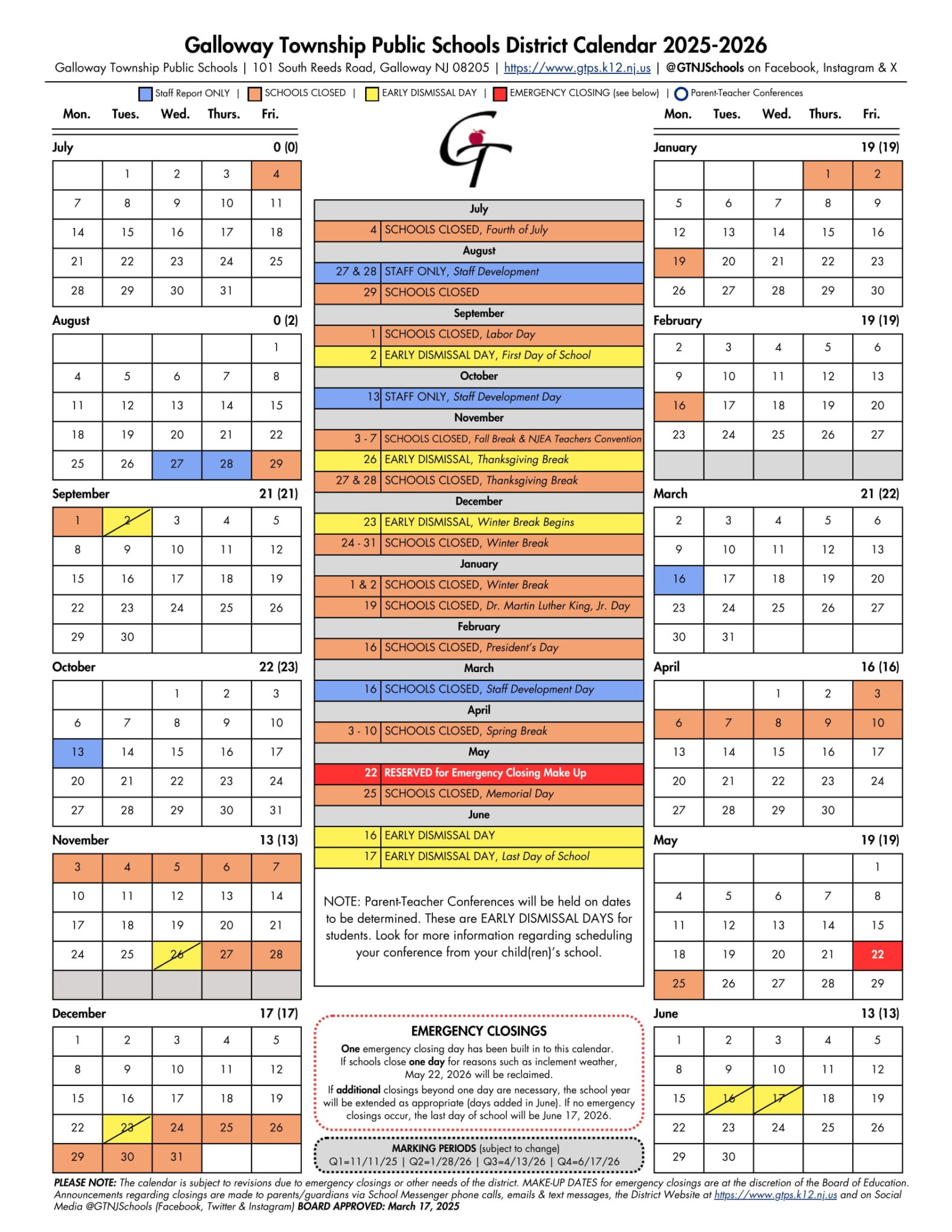 Galloway Township Public Schools calendar 25-26 Revised [PDF] - EduCounty