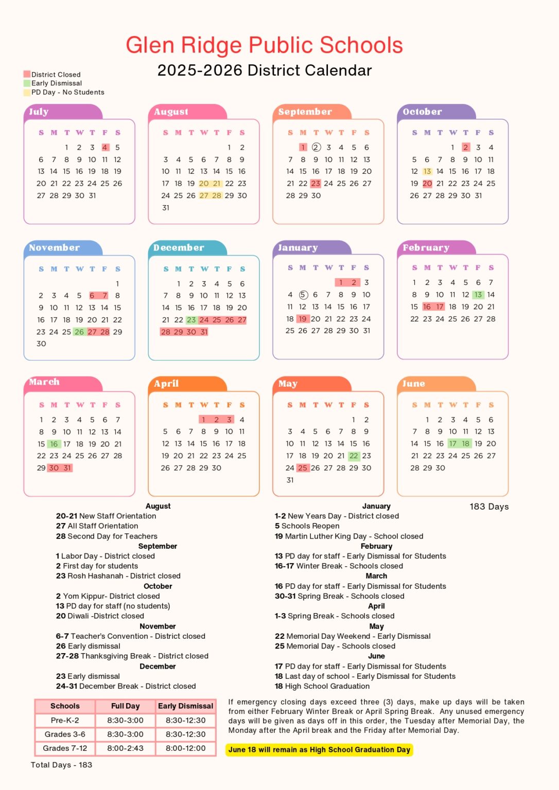 Glen Ridge Public Schools Calendar 25-26 Revised [PDF] - EduCounty