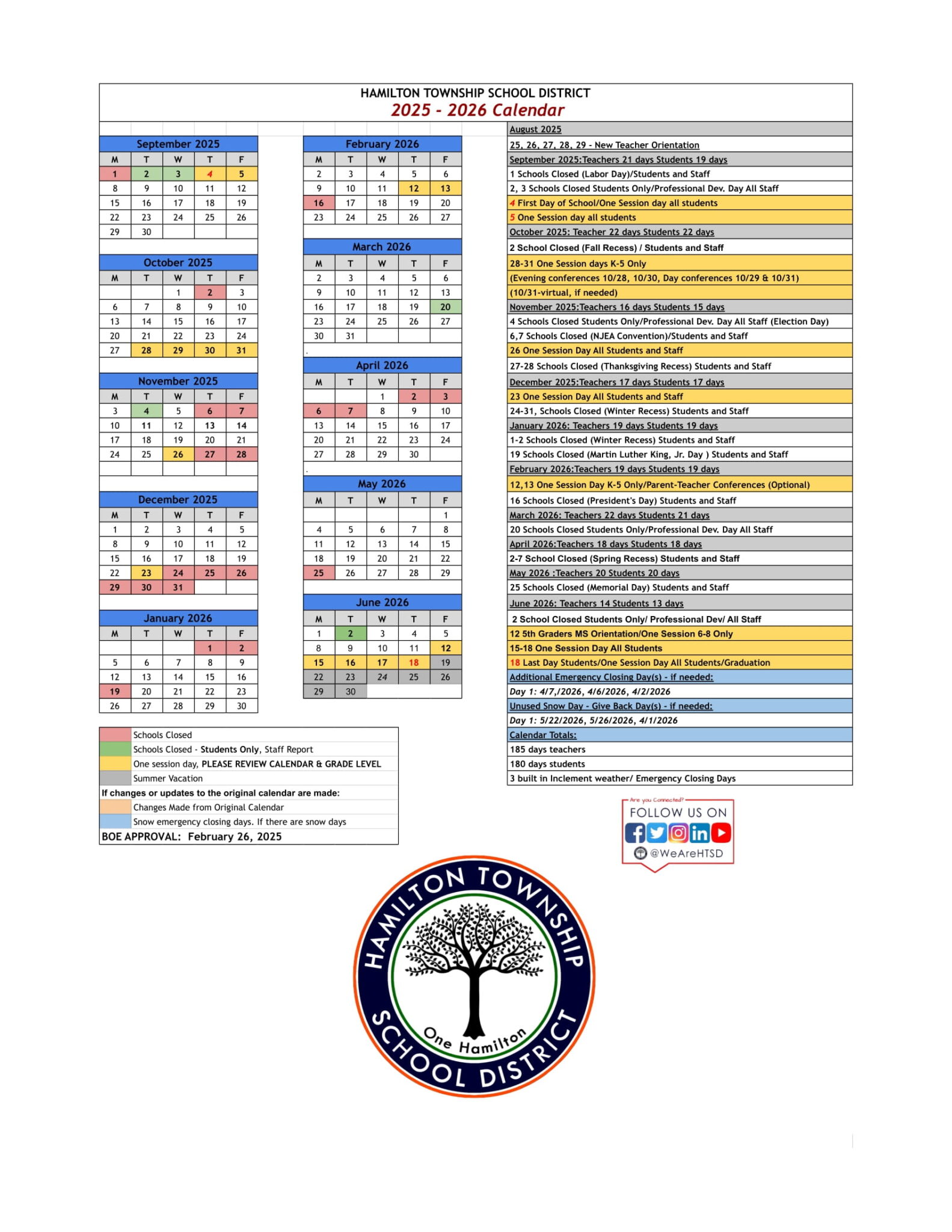 Hamilton Township School District Calendar 25-26 Revised [PDF] - EduCounty