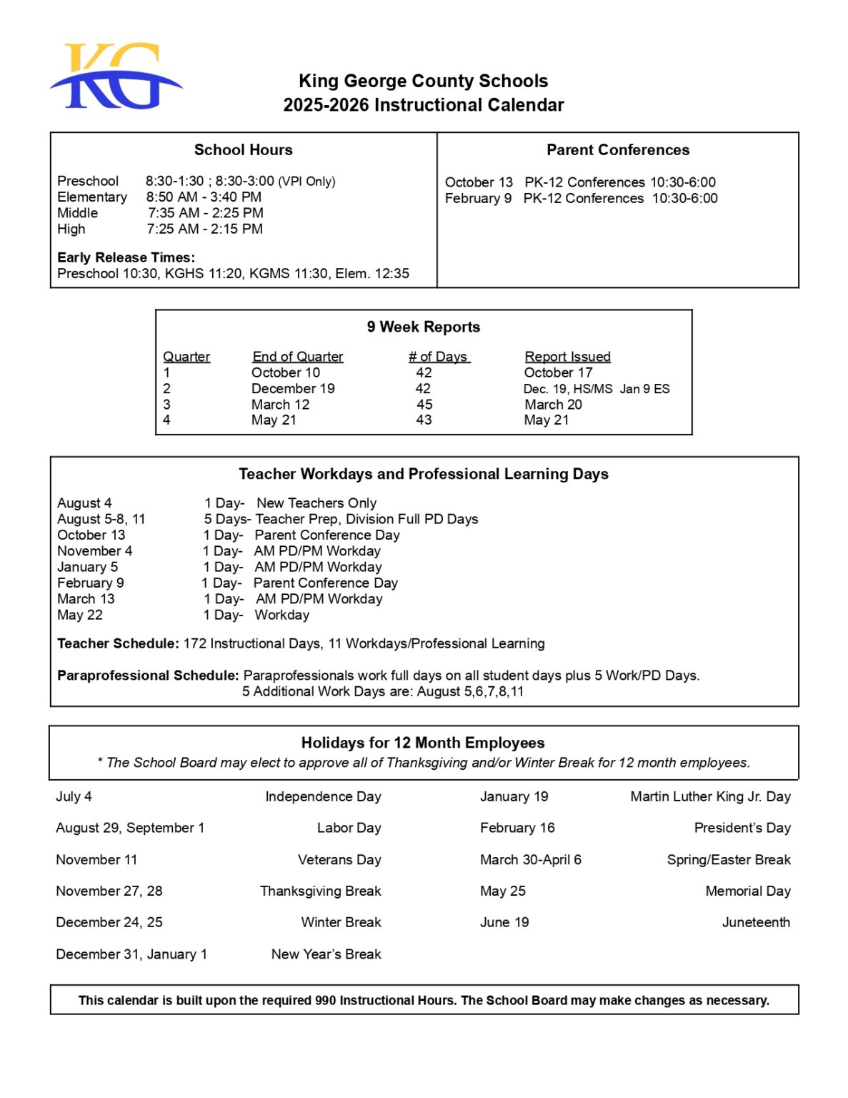 King George county schools calendar 25-26 Revised [PDF] - EduCounty