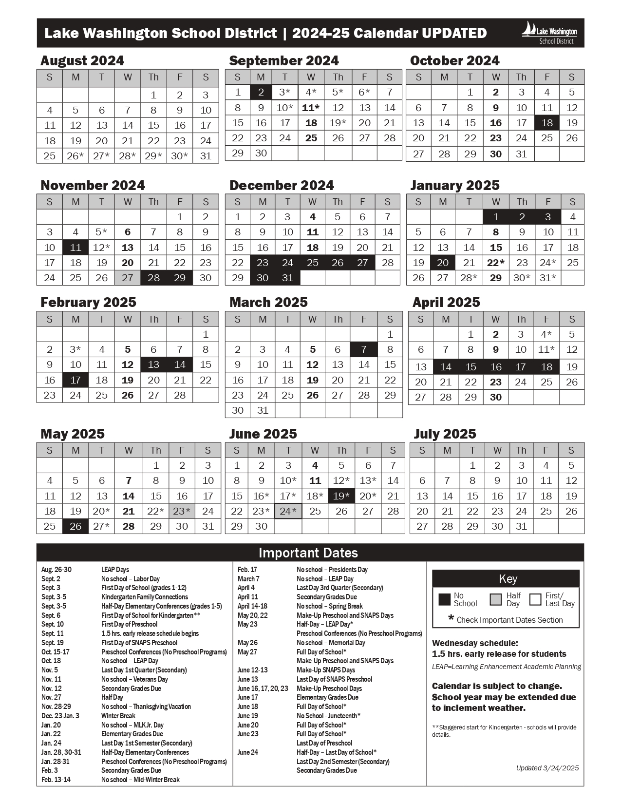 Lake Washington School District Calendar 24-25 Revised [PDF] - EduCounty